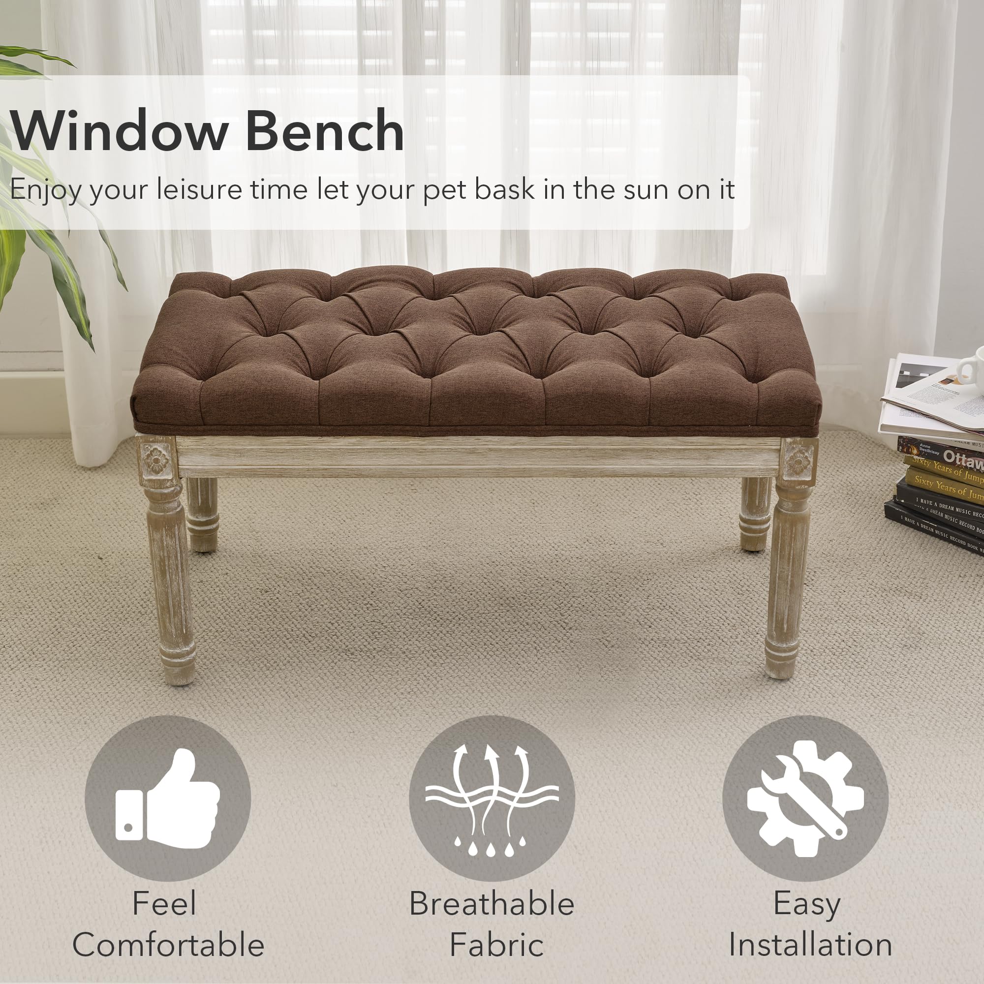 LOULENS French Vintage Bench, Linen Fabric Entryway Bench, Upholstered Tufted End of Bed Bench with Brushed Wood Legs, Brown