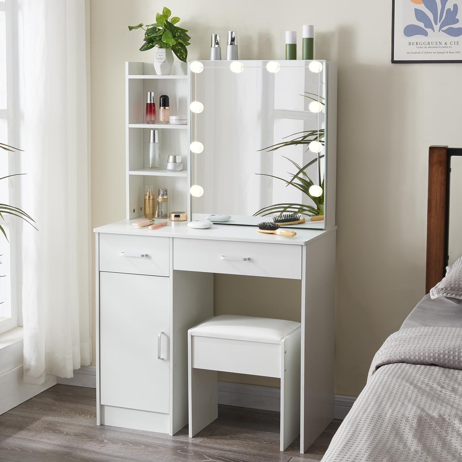 Lucaseone White Vanity Desk with Mirror and Lights,Makeup Vanity with Drawers and Storage Shelf, Vanity Table 3 Lighting Modes Brightness Adjustable for Bedroom (Modern 3071)