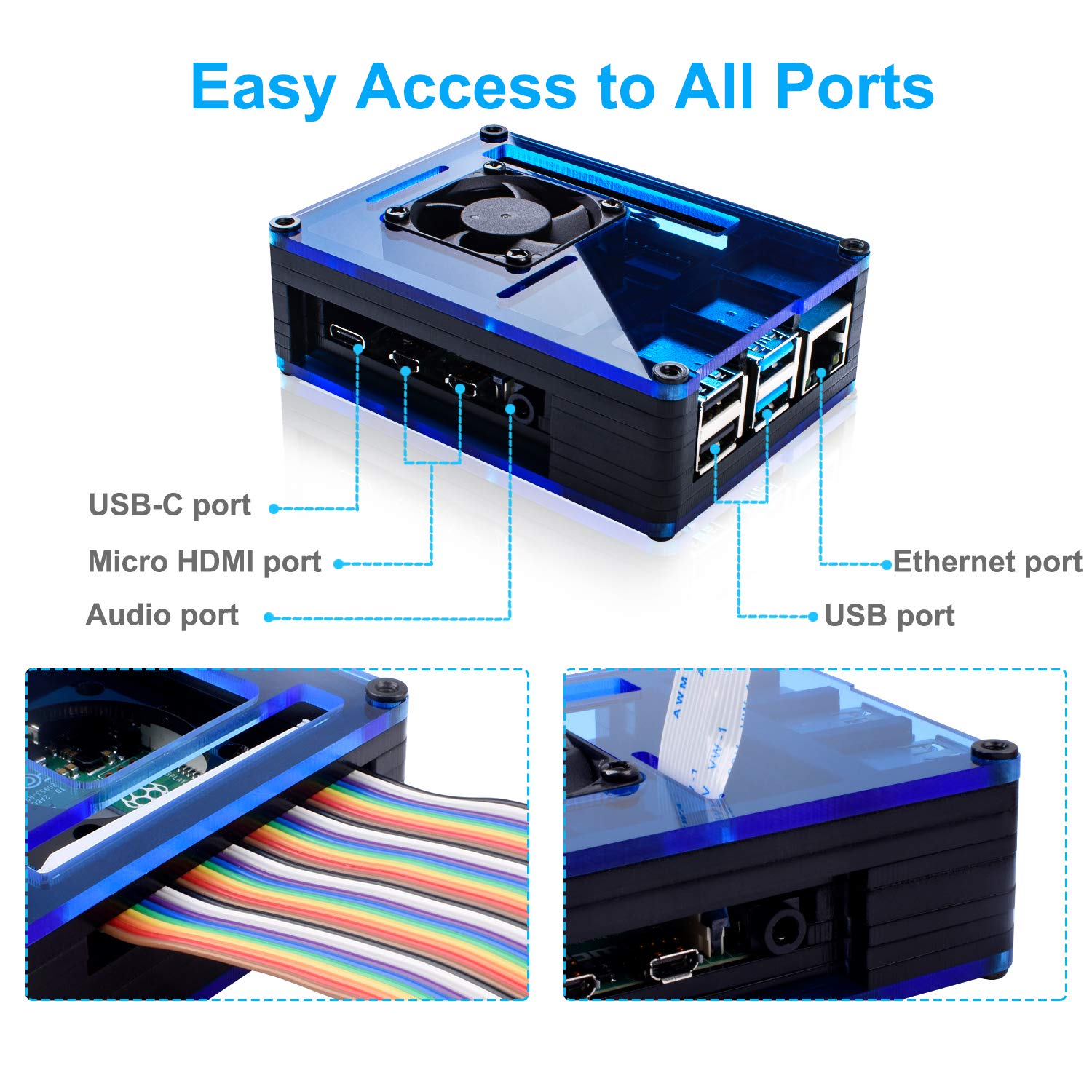 Miuzei Raspberry Pi 4 Case with Fan Cooling , 4 Pcs Aluminum Heat Sinks , Case for Raspberry Pi 4 Model B -Black/Blue (Pi 4 Board Not Included)