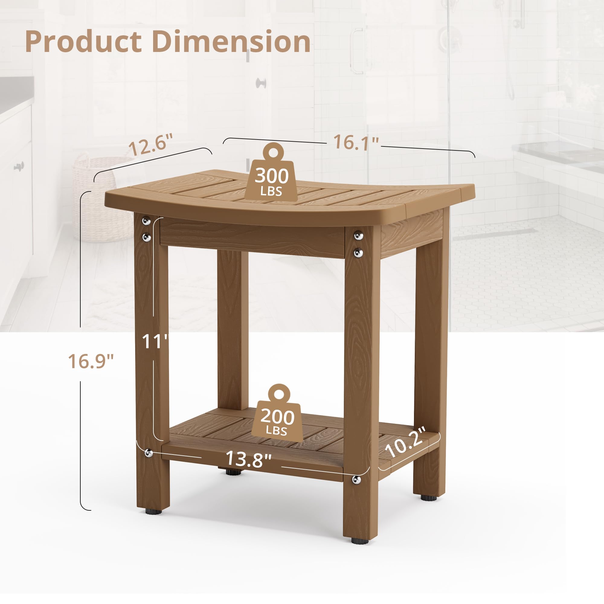 LUE BONA HDPS Shower Bench Seat, Shower Stool for Inside Shower Waterproof, Bath Spa Shower Foot Stool for Shaving Legs with Storage Shelf, Weather Resistant/Non-Slip/Indoor or Outdoor Use, Brown