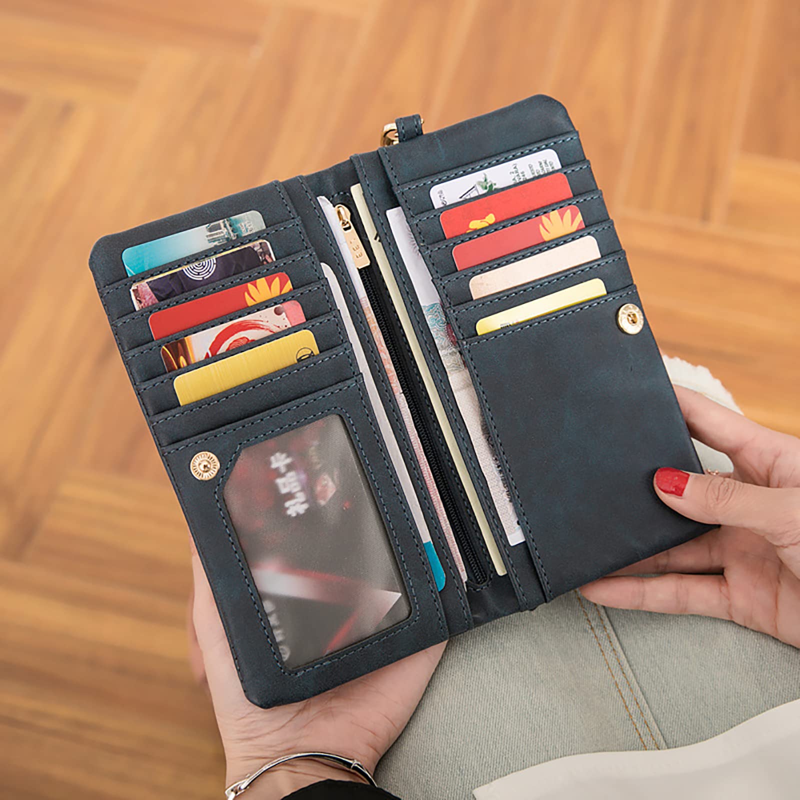 Women's Large Capacity Zip Wallet Phone Holder Clutch Travel Long Purse Wristlet (Black)