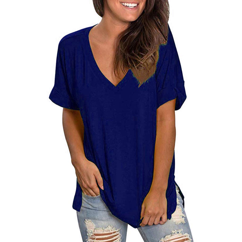 Muicook Women's V Neck T Shirt Rolled Sleeve Side Split Tunic Tops Summer Loose Casual Tops(X-Large,Blue)
