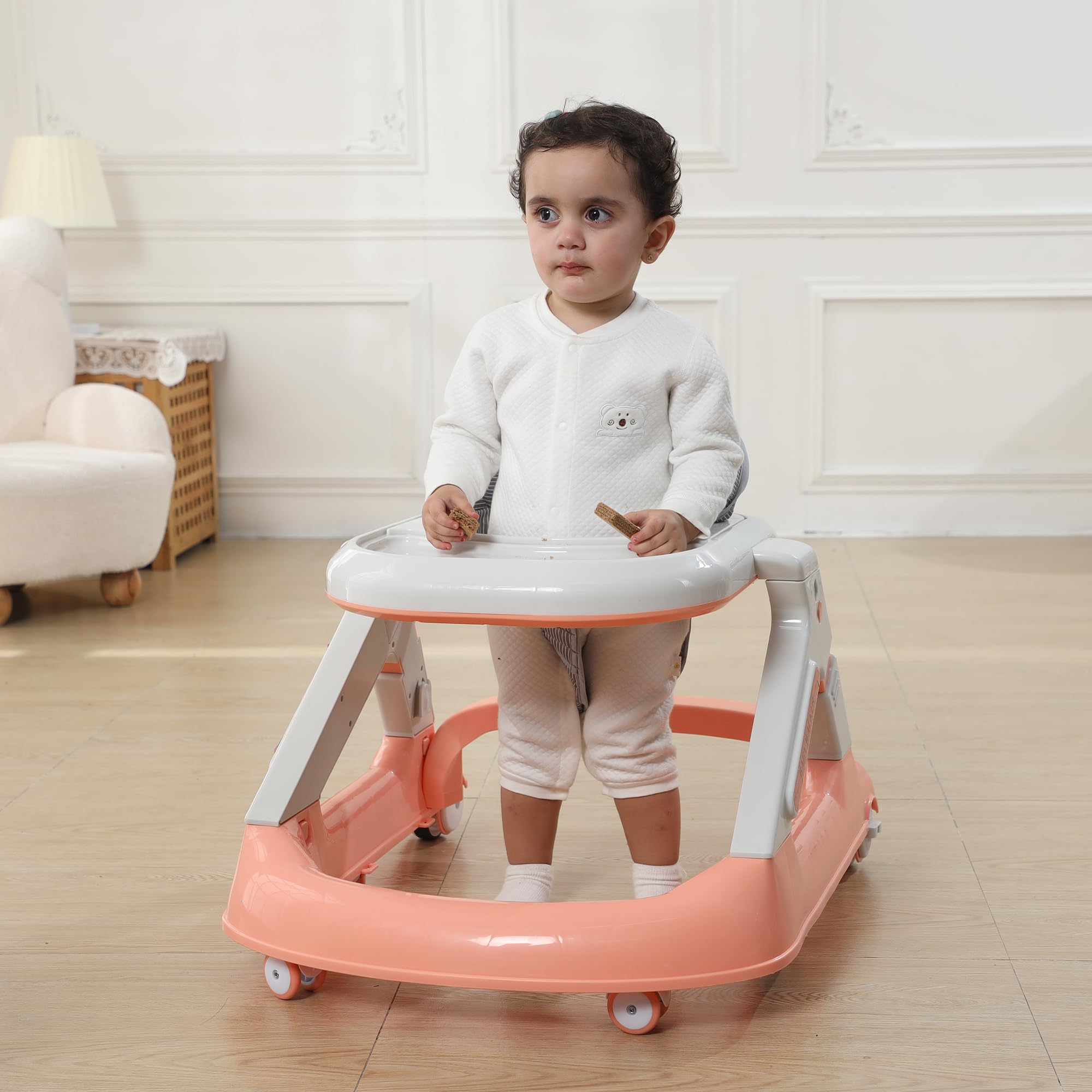 Marzviyia 5-in-1 Baby Walker with Wheels, Baby Push Walkers with Adjustable Height & Speed, Building Block Table, Pink