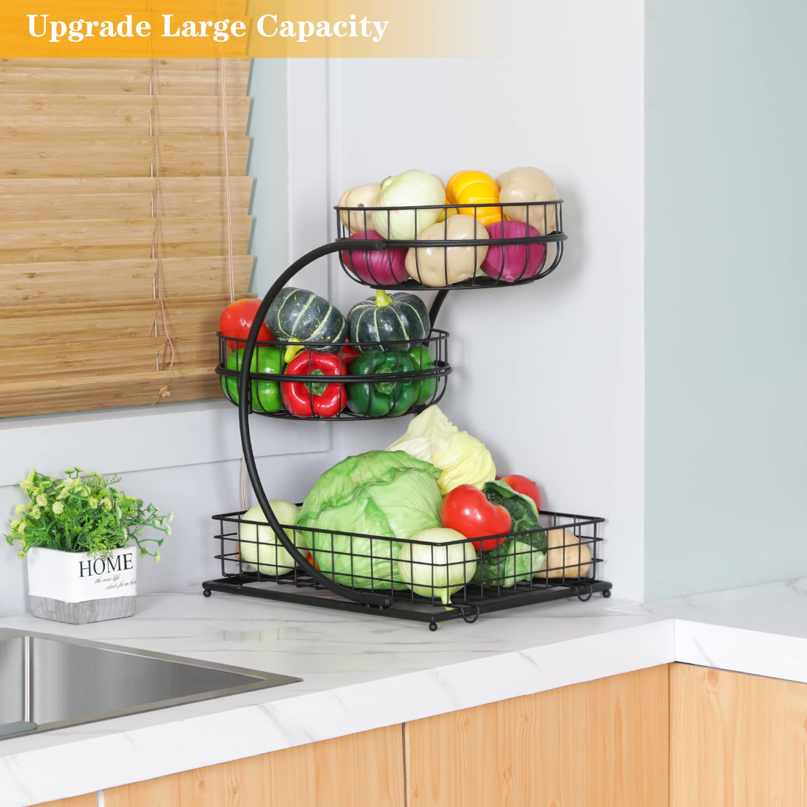 Tiaoheka 3 Tier Fruit Basket for Kitchen, Metal Wire Fruit Bowl for Kitchen Counter, Detachable Fruit Vegetables Storage Basket Holder Stand for Countertop Dining Table(Round and Square, Black)
