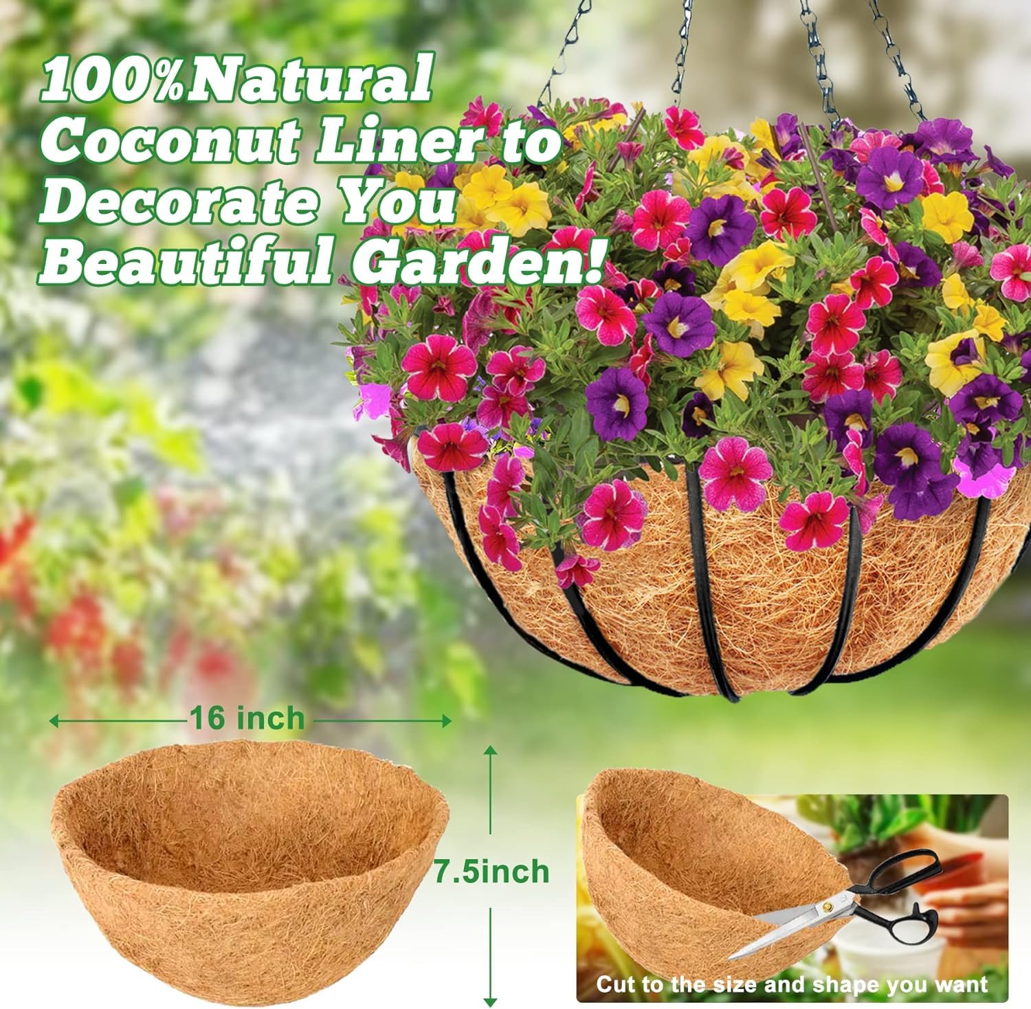 Y&M 2pcs 16β Round Coconut Fiber Liner, 16'' Coco Liner Pre-Formed Replacement for Wall Hanging Planter Basket