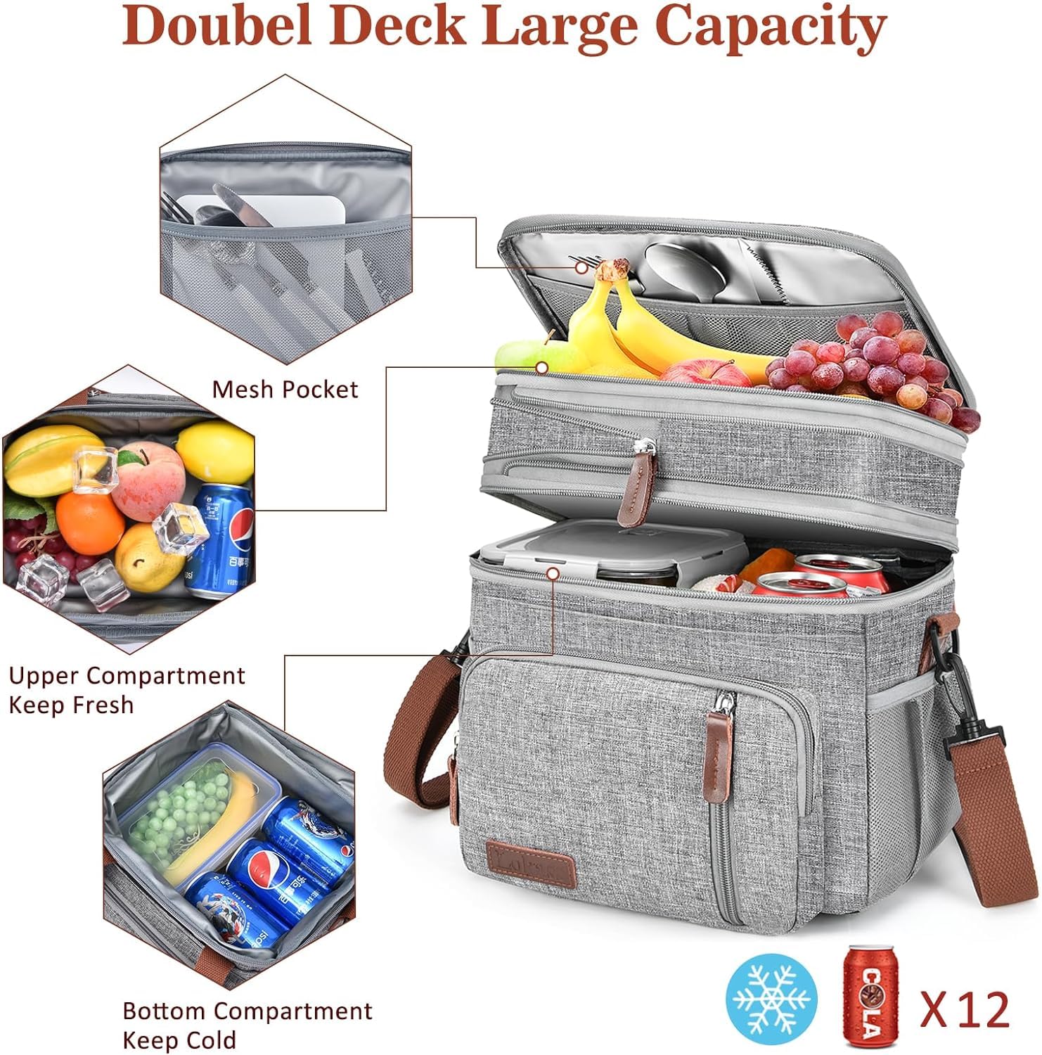 LOKASS Lunch Bag for Women/Men Work, 16L Expandable Double Deck Lunch box, Waterproof Leak-proof Cooler Bag, Portable Meal Prep Lunchbag with Adjustable Shoulder Strap-Grey