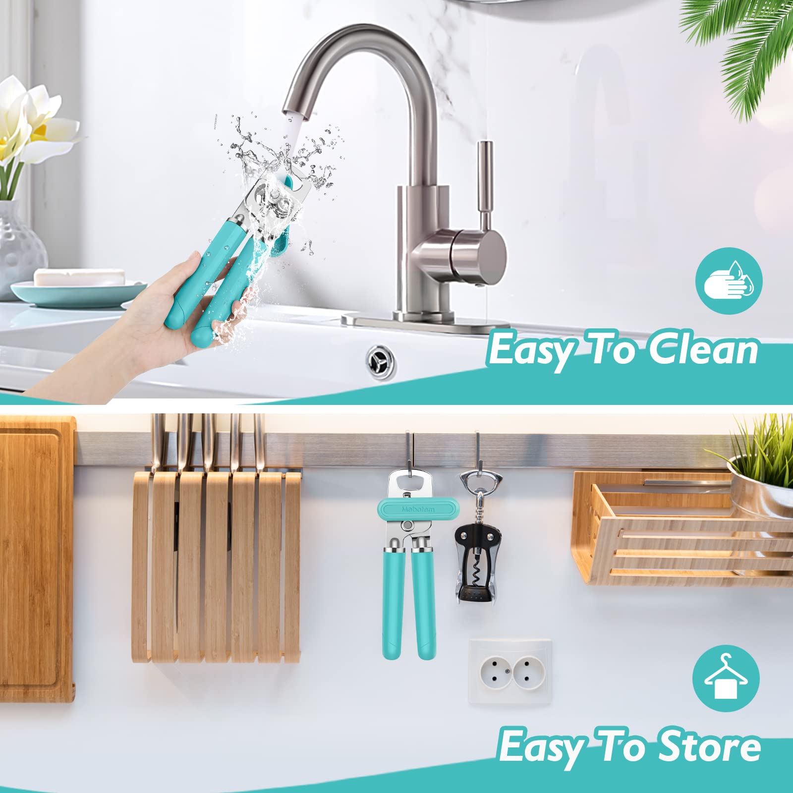 Mebotem 10 Colors Can Opener Manual Handheld Heavy Duty Hand Can Opener Smooth Edge Stainless Steel Can Openers Top Lid Kitchen Gadgets, Best Large Rated Easy Turn Knob, with Bottle Opener, Aqua Sky