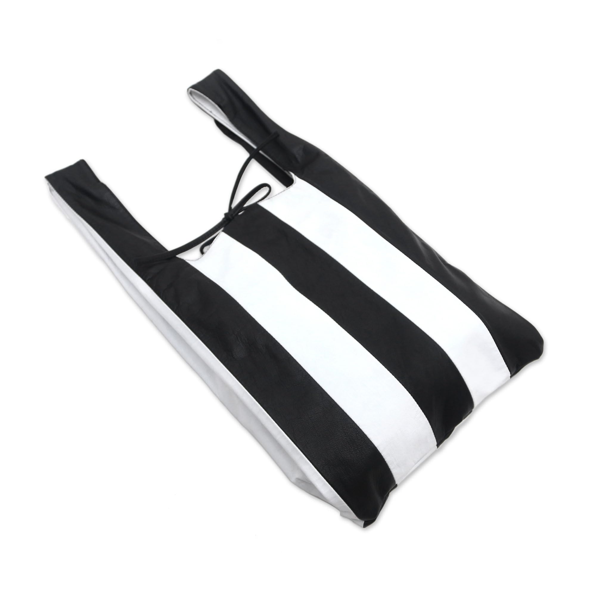 NOVICA Handmade Leather Tote Black White Striped from Bali Handbags Indonesia Modern 'Kresek Style'