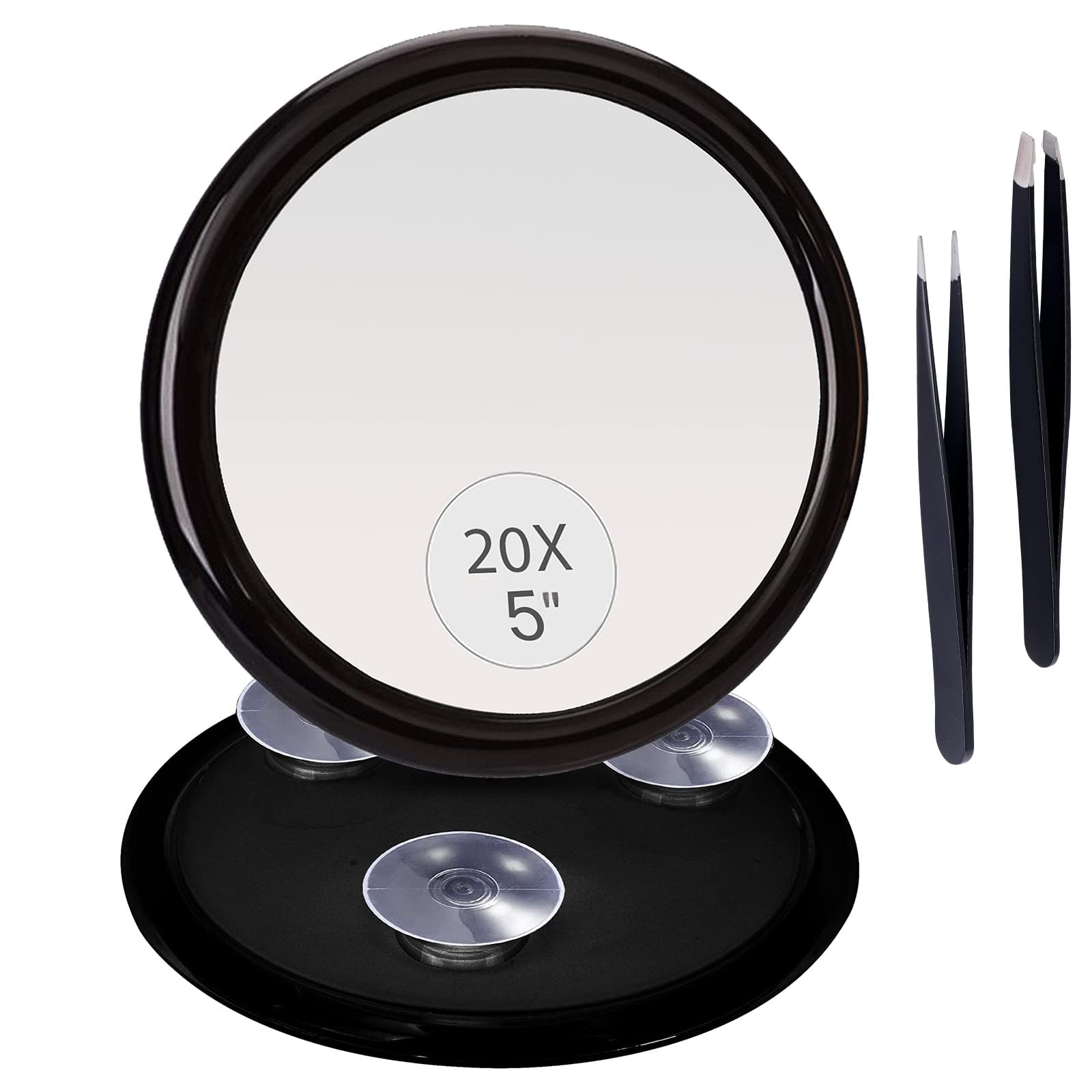 MIYADIVA Suction Cup Magnifying Mirror 20x Magnification with 2 Eyebrow Tweezers, Small Close Up Mirror for Precision Makeup & Hair Removal, 5", Black