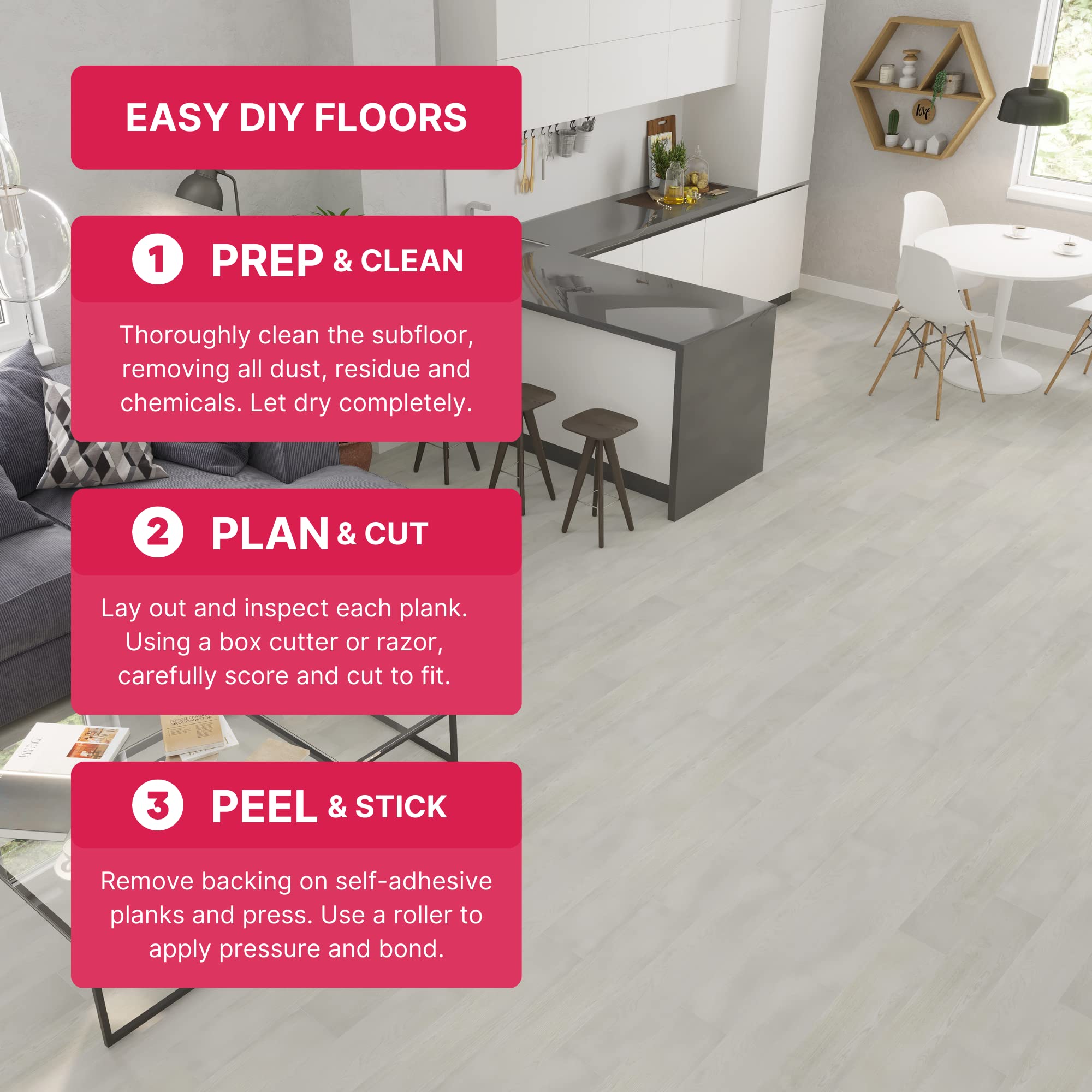 LUCiDA SURFACES Luxury Vinyl Flooring Tiles | Peel and Stick Floor Tile for DIY Installation | 12 Wood Look Planks | Cotton | BaseCore | 18 Sq. Feet