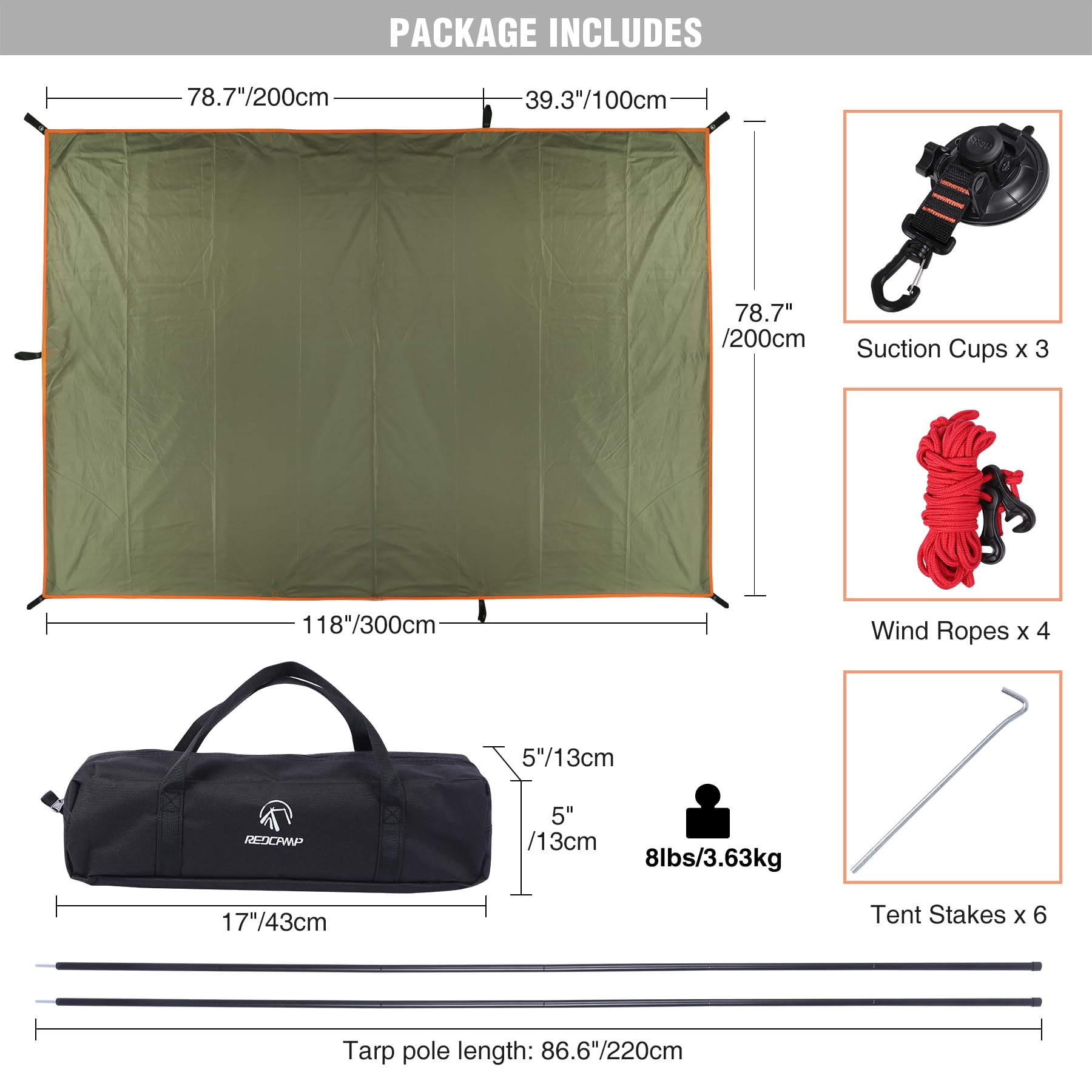 REDCAMP Waterproof Car Side Awning Sun Shelter, Portable Auto Canopy Camper Sun Shade with Adjustable Tarp Poles and Suction Cup for Camping, Picnic