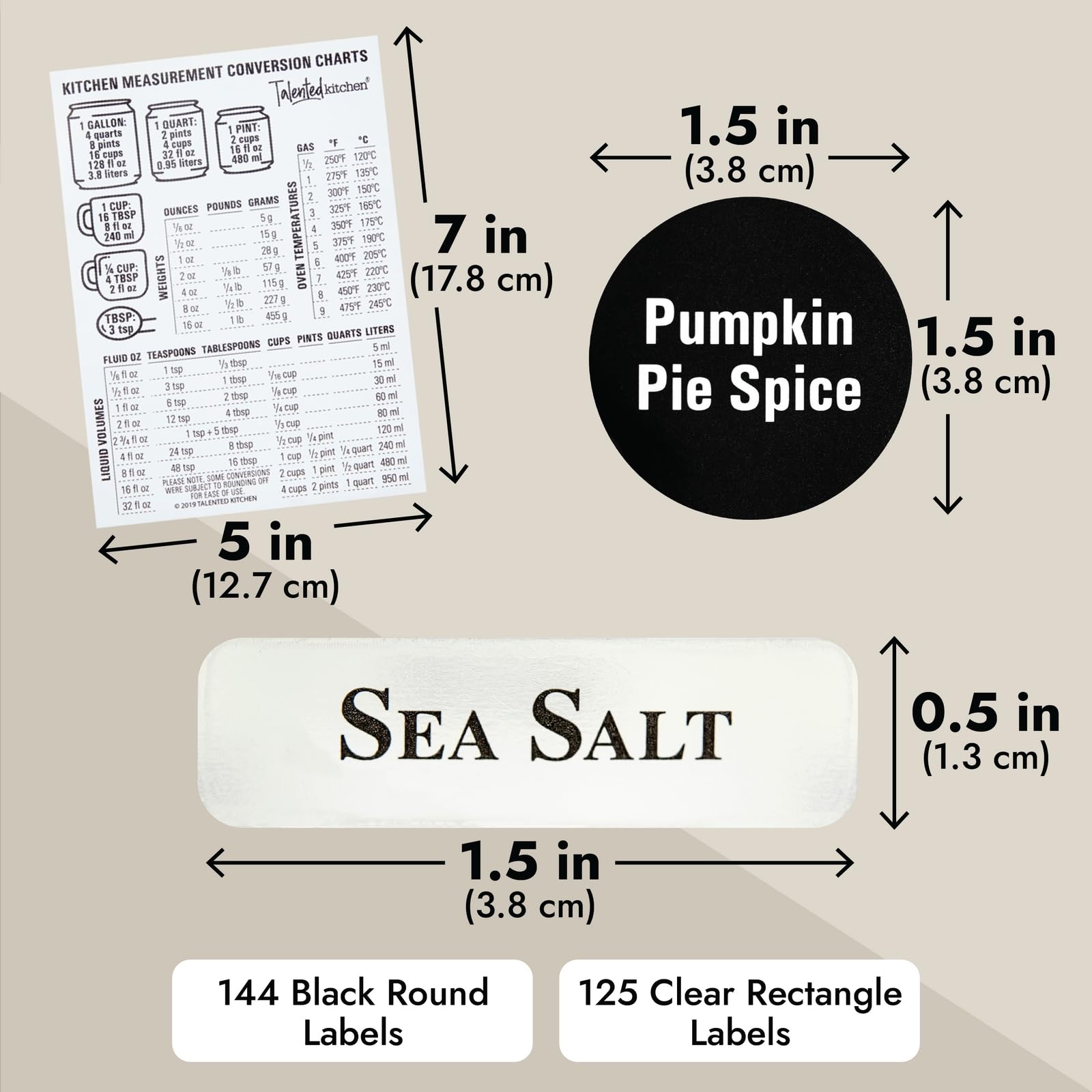 Talented Kitchen 12 Magnetic Spice Jars for Refrigerator with 3 Metal Wall Bases, 269 Preprinted Seasoning Labels, 2 Styles, 1 Cooking Conversion Chart, for 3 oz Containers