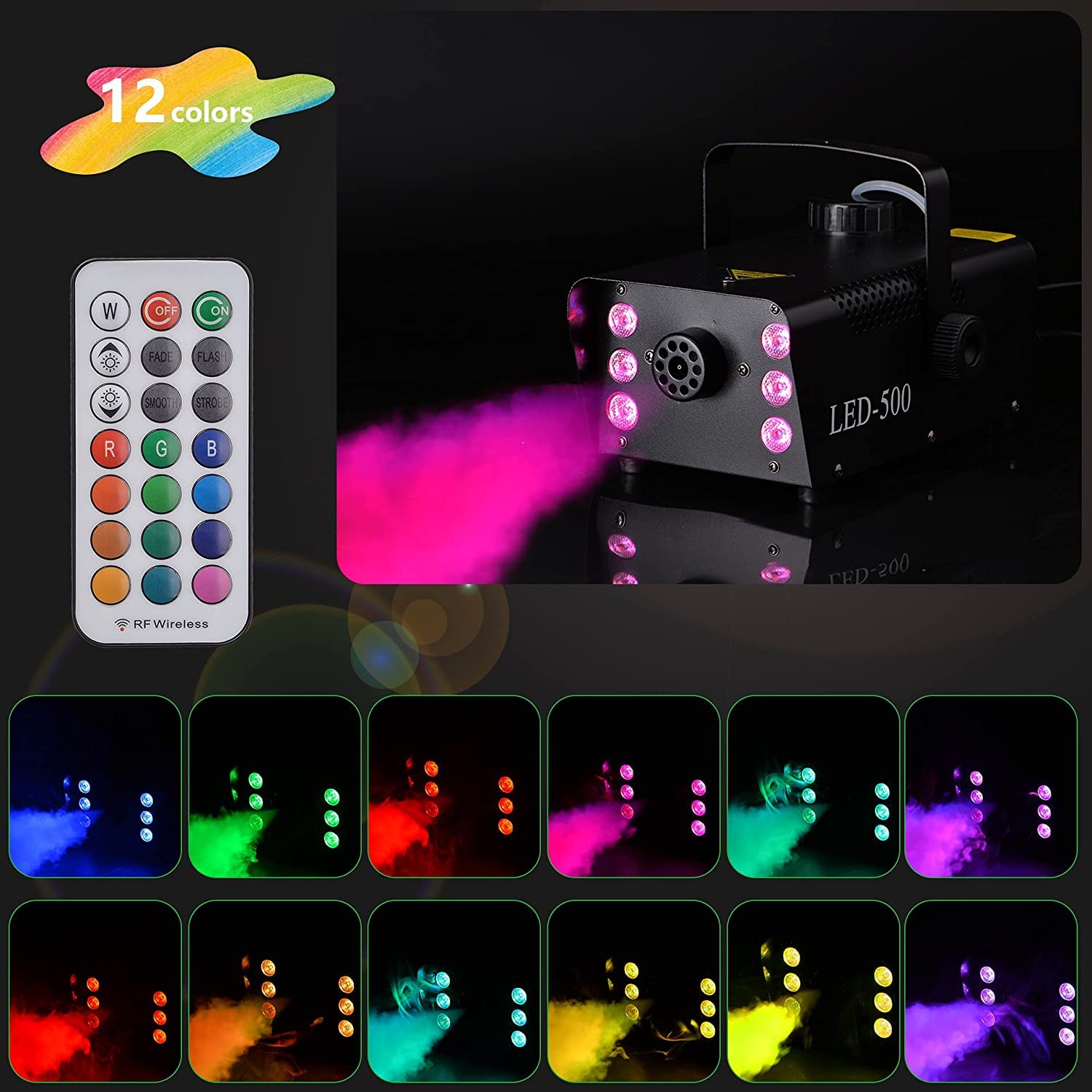 Seasonize Halloween Fog Machine with 6 LED Lights 500W Smoke Machine with 12 Color Effect, 2000CFM Fog with Wired and Wireless Remote Control