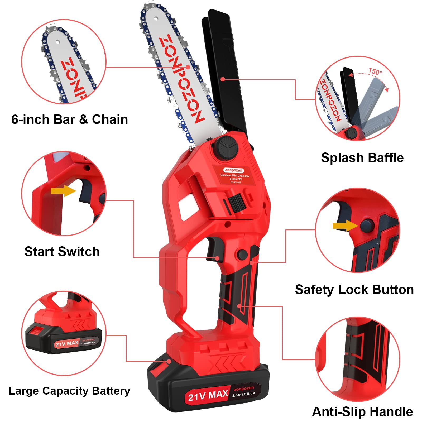 Mini Chainsaw Cordless 6-Inch With 2 Battery, 2023 Upgraded Brushless Motor, 21V Rechargeable Battery, Power Chainsaw With Safety Lock, Handheld Mini Chainsaw, For Tree Trimming Wood Cutting