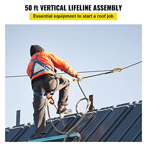 VEVOR Climbing Rope, Fall Protection Safety Rope, 25 50 100 150ft Vertical Tree Stand safety Rope Line Kit Safety Harness for Roofing Work with Alloy Steel Rope Grab, Two Snap Hooks, Shock Absorber