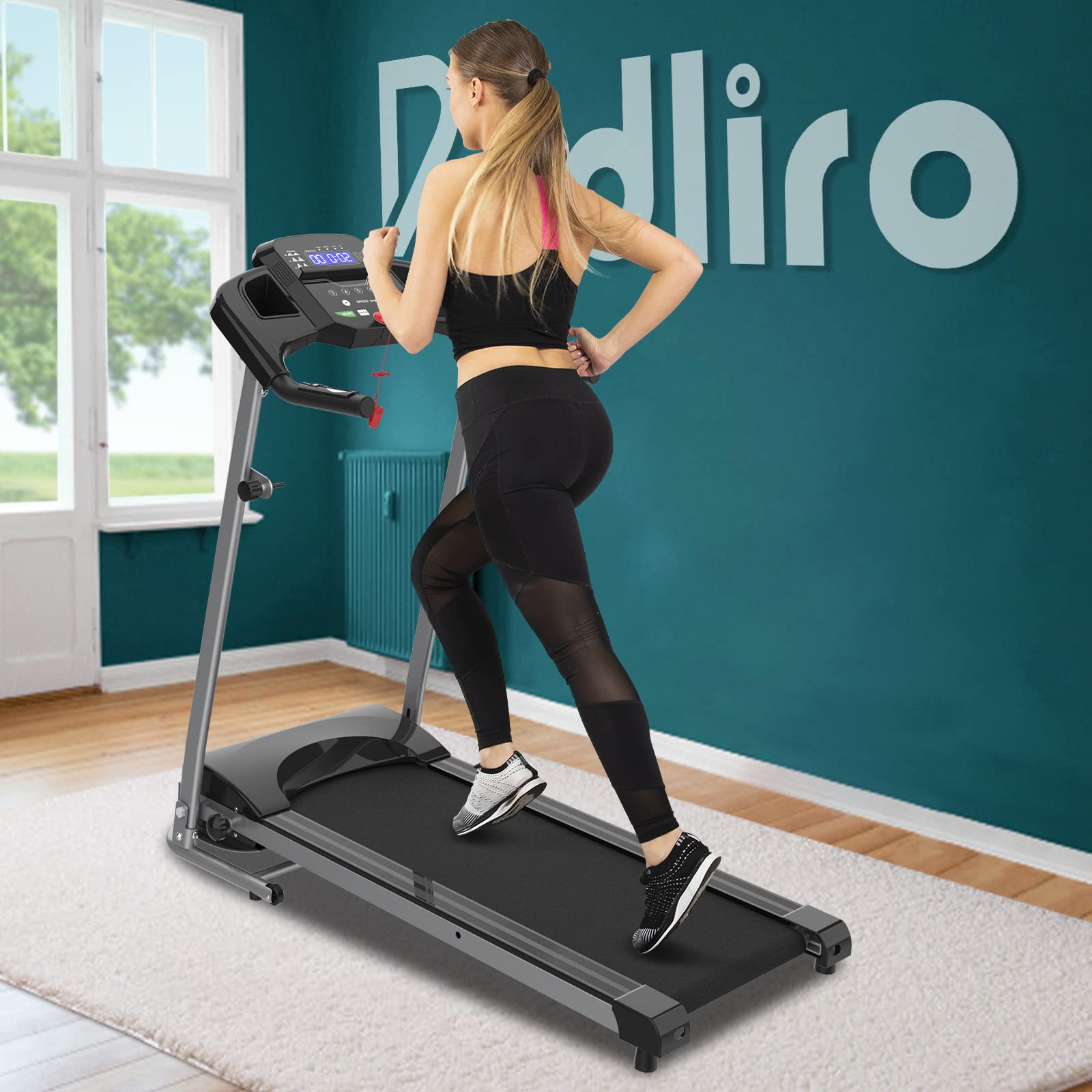 Redliro Electric Treadmill Foldable Exercise Walking Machince for Apartment Home/Office Jogging Compact Folding Easy Assembly 12 Preset Program 2 Wheels LCD Display (Silver)