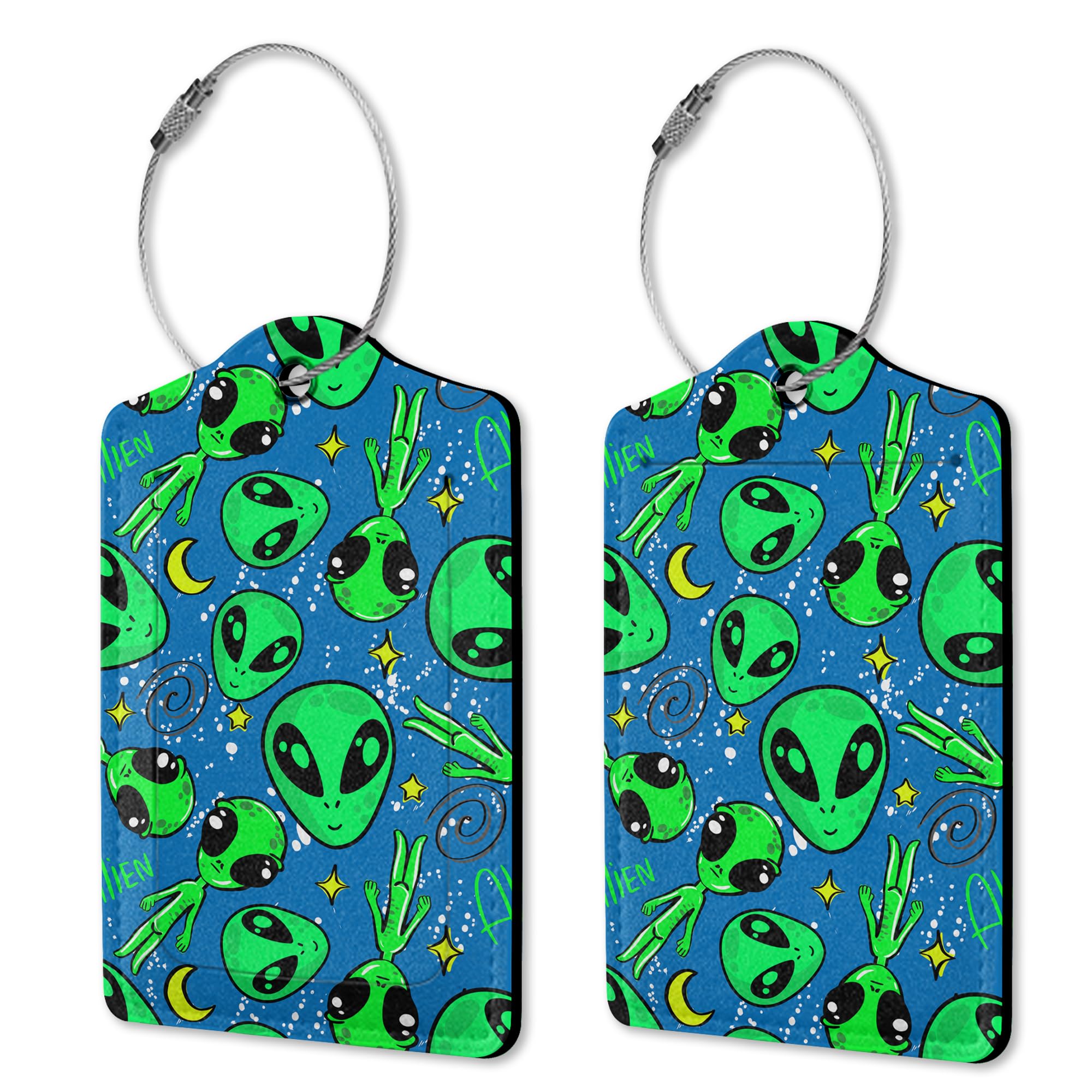 Luggage Tags for Suitcase, 2 Pack Green Aliens Luggage Tag with Privacy Flap Leather Travel Cruise, Name ID Label and Metal Loop for Women Men Girls Suitcase Baggage Bag Backpack