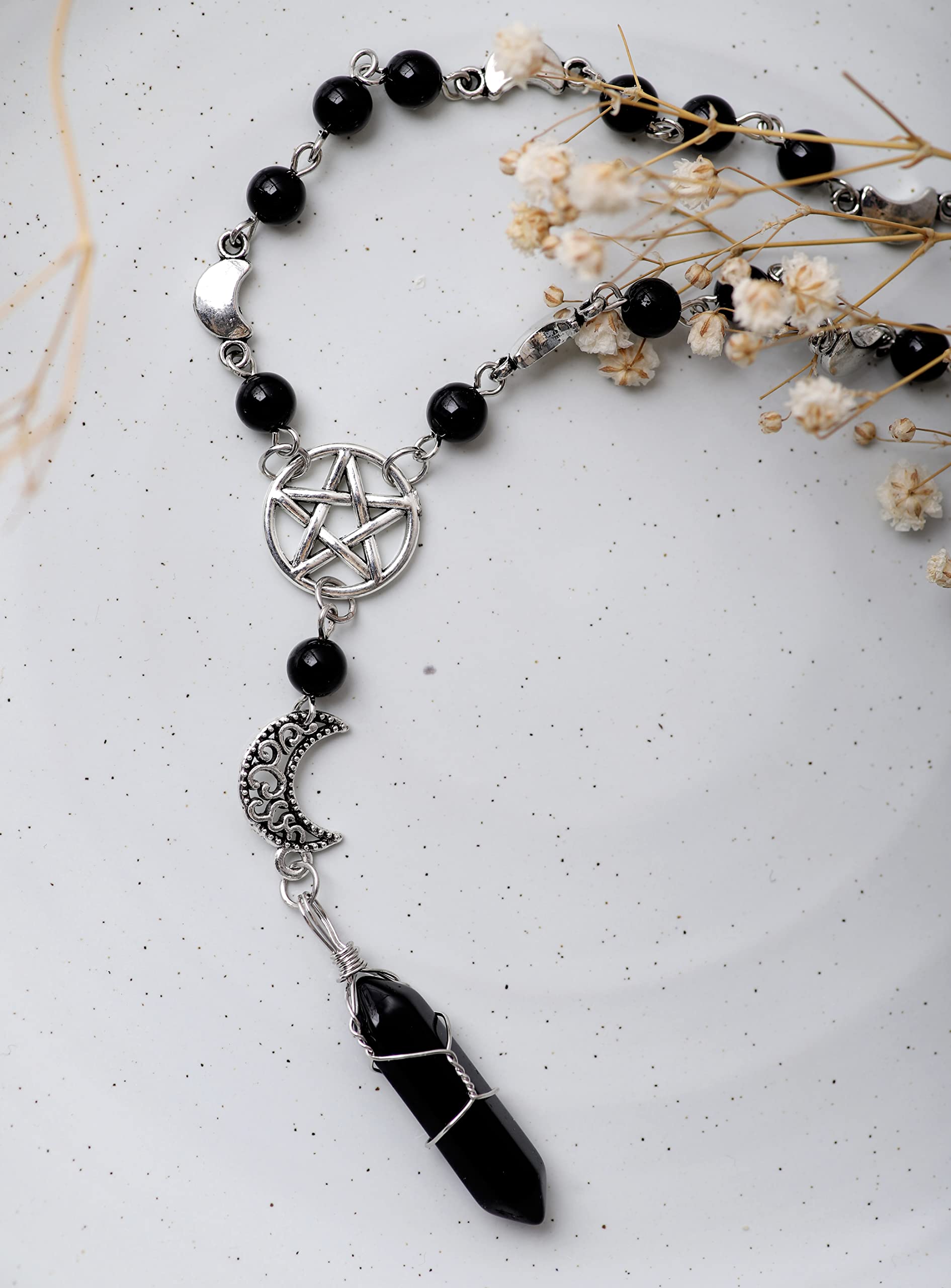 Sacina Gothic Crescent Moon Choker Necklace, Moon Sun Pendant, Goth Gift for Women, Christmas Gift for Women (Bead Moon Pentagram Crystal)