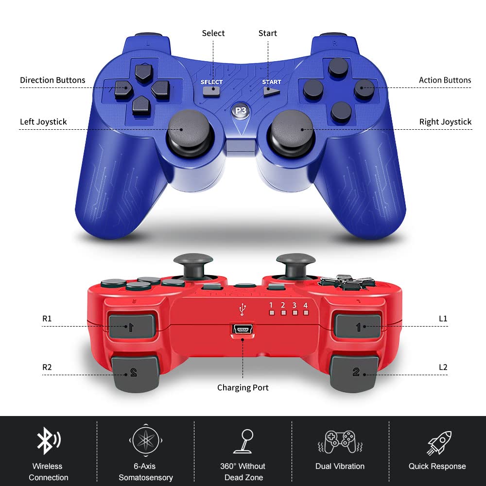 OKHAHA Wireless Controller for PS3 Controller, Remote Controller Wireless for Playstation 3 Controller, Double Shock, New Edition, Blue + Red, 2 Pack