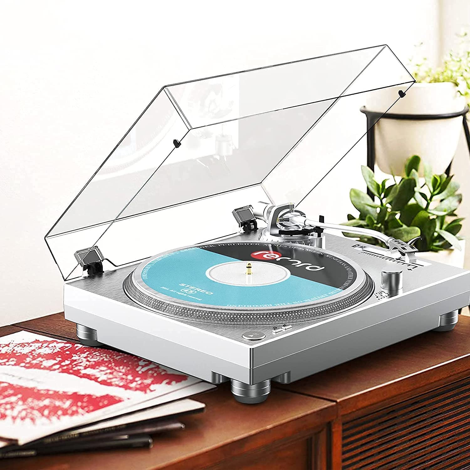 Turntable for Record Player with Balanced S-Shaped Tonearm, Hydraulically Damped Lift Variable Pitch Control and Anti-Skate Lockable Control,AT3600 Magnetic Cartridge,Convert Vinyl to Digital