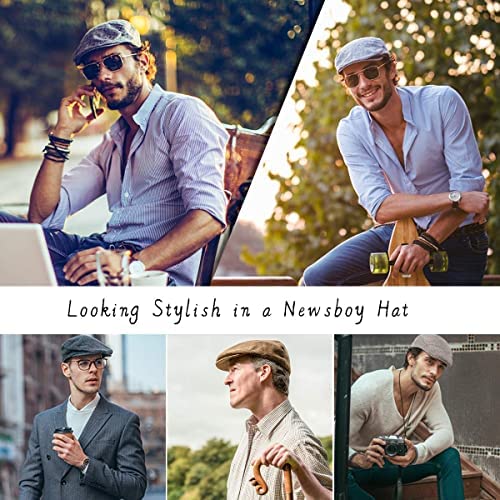 LADYBRO 2 Pack Black+Grey Tweed Newsboy Cap Retro Wool Hat for Men Flat Cap Ivy Hat Cap Golf Hat Size: 7 1/4, fits hc 21 5/8" - 22 3/4"