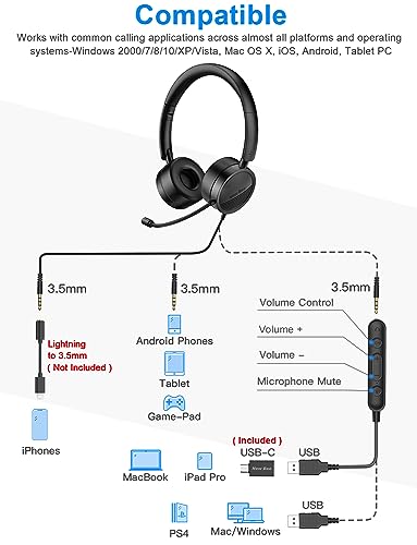 New bee USB Headset Computer Headset in-Line Call Controls Office Headset with Noise Cancelling Micphone Call Center Headset for Skype, Zoom, Laptop, Phone, PC, Tablet, Home with USB-C Adapter