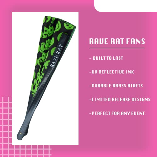Rave Rat Large Portable Hand Held Fan - Durable Personal Folding Travel Fans For Outfits and Festivals - Decorative Festival Accessories - Glows Under UV Blacklight (Smiley Drip)