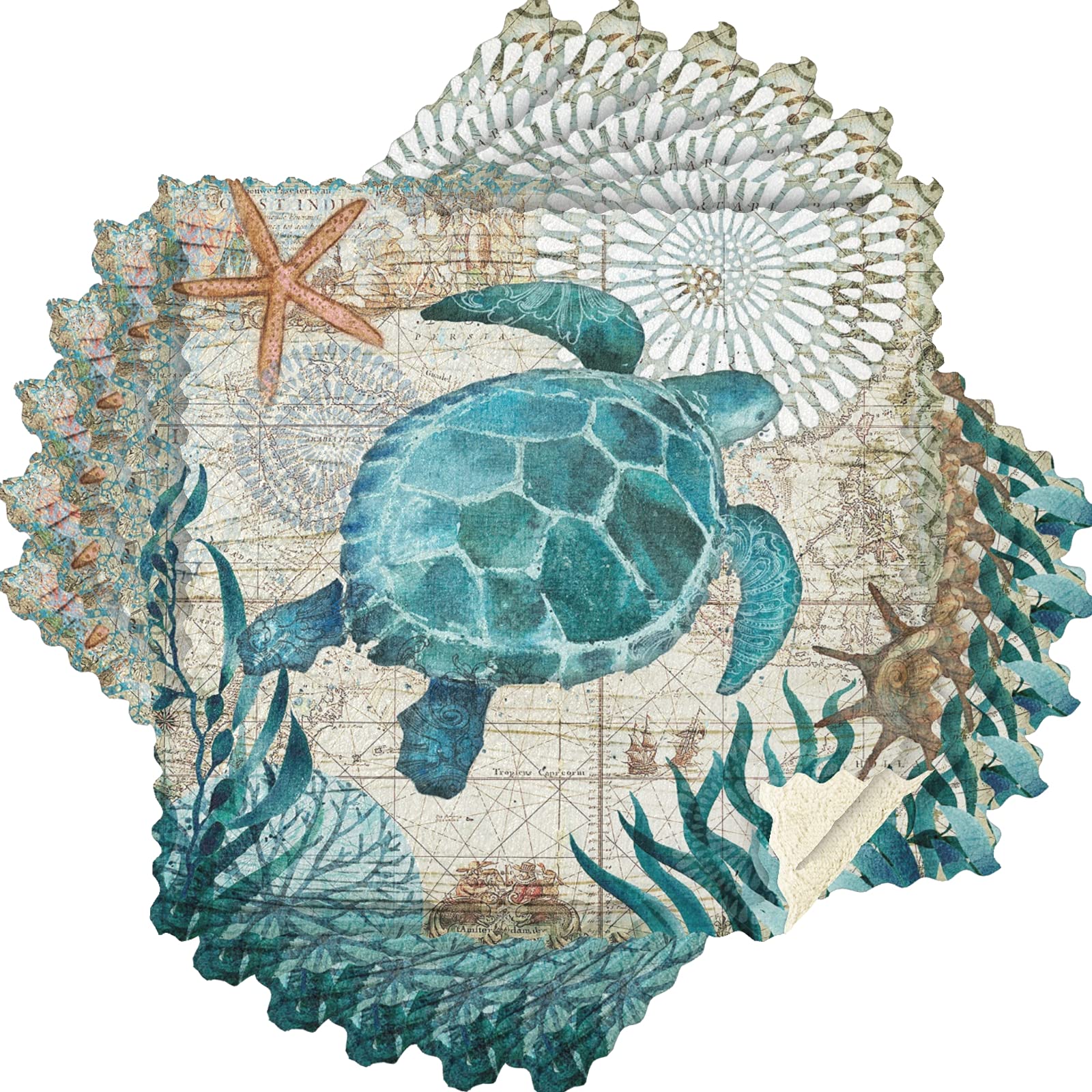 Sea Turtle Starfish Ocean Dish Towel Cleaning Cloth Retro World Map Kitchen Bath Hand Towels 11x11 IN Super Absorbent Lint Free Tea Bar Car Soft Towel Kitchen Accessories Set of 6