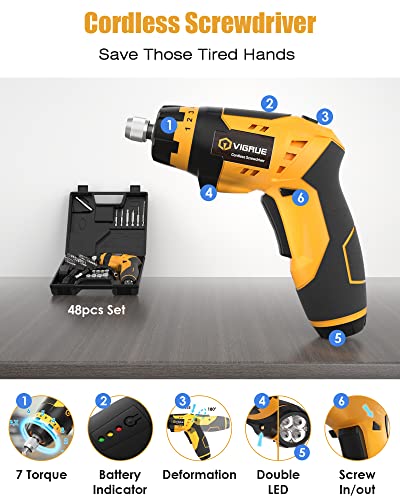 VIGRUE Cordless Screwdriver, Rechargeable Electric Screwdriver with 45 Free Accessories, Battery Indicator, 7 Torque Setting, 2 Position Handle with LED Light, Flexible Shaft