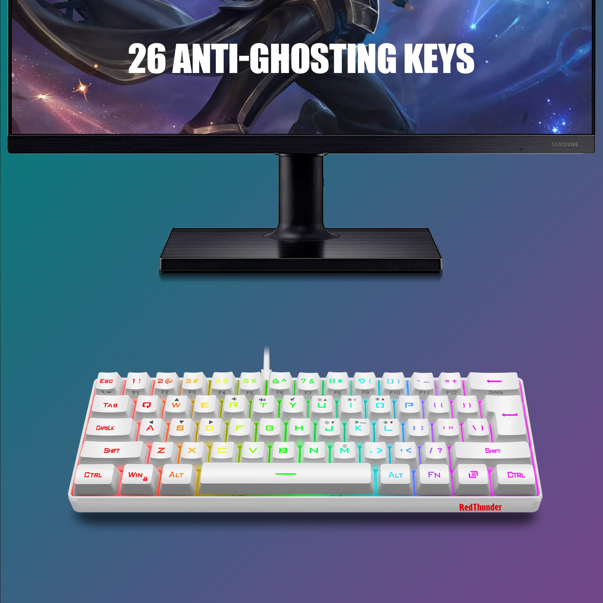 RedThunder 60% Gaming Keyboard, RGB Backlit Ultra-Compact Mini Keyboard, Quiet Ergonomic Water-Resistant Mechanical Feeling Keyboard for PC, MAC, PS4, Xbox ONE Gamer(White)