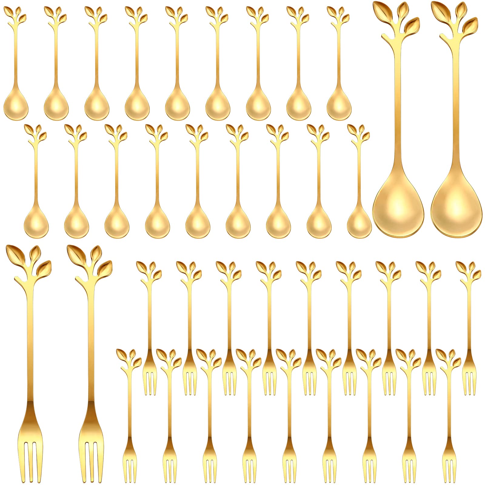 Stainless Steel Leaf Coffee Spoon and Appetizer Fork Tableware Dessert Spoon Mini Dessert Utensils Set Creative Demitasse Spoons and Forks for Stirring, Fruit, Cake, Coffee, Tea (Gold, 40 Pieces)
