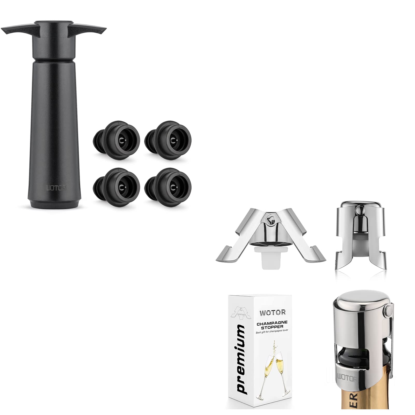 WOTOR 3 Pack Champagne Stoppers with Stainless Steel Champagne Bottle Stoppers with Food Grade Silicone Reusable Champagne Cork, Saver Suitable for Champagne, Cava, Prosecco and Sparkling Wine（Silver）