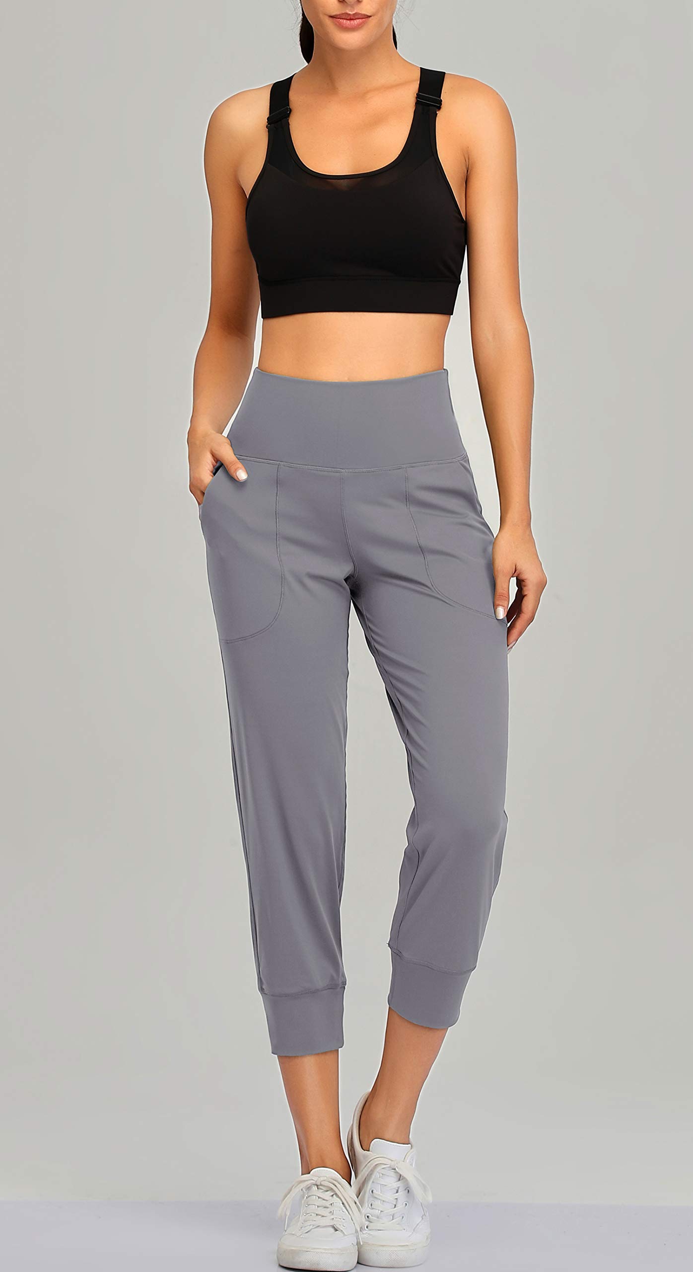 Oalka Womens Capri Joggers High Waist Pockets Running Sweatpants Jogger Pants Light Grey M
