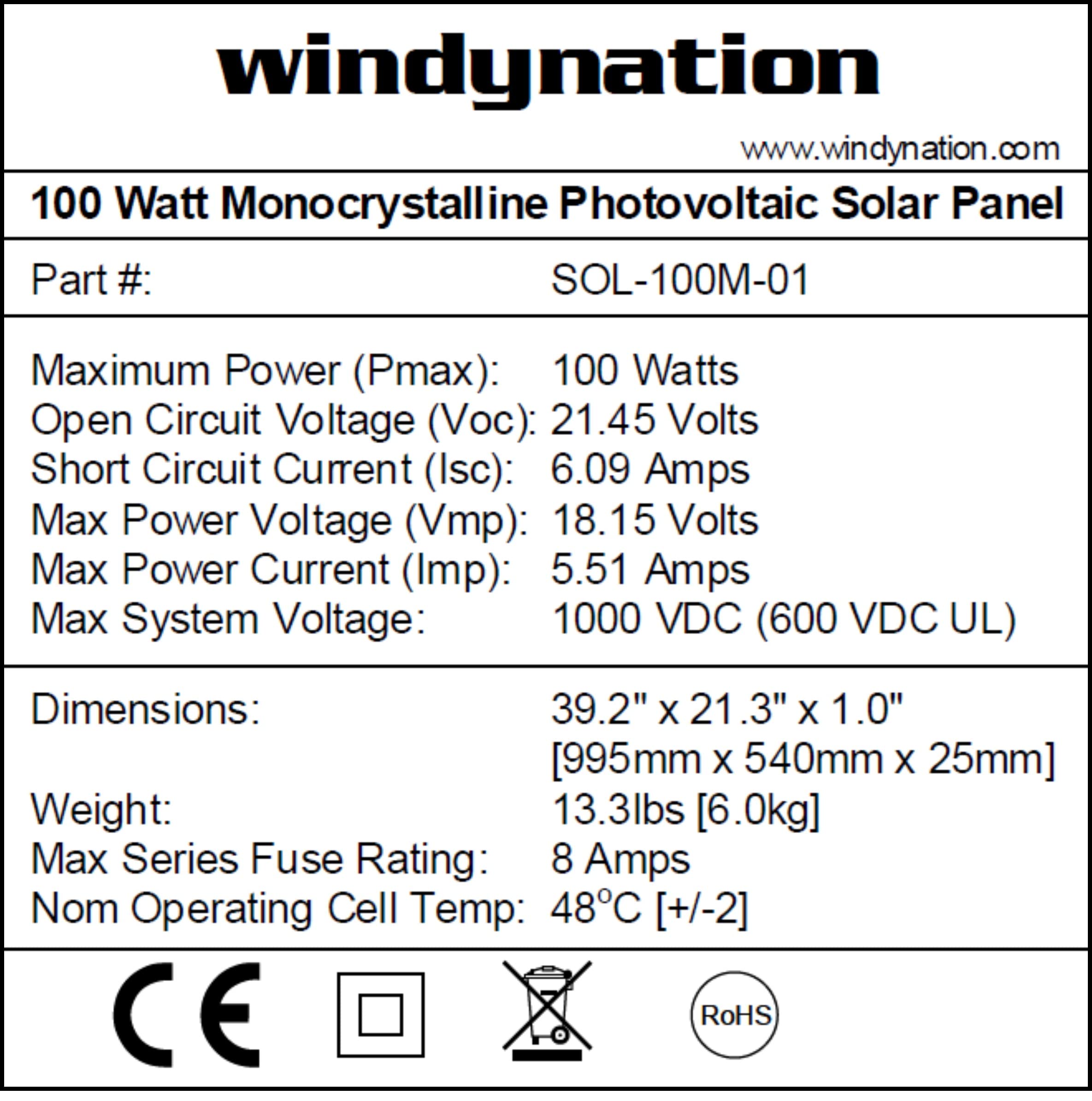 WindyNation 100 Watt 12 Volt Monocrystalline Solar Panel Battery Charger for RV, Boat, Cabin, Off-Grid Applications