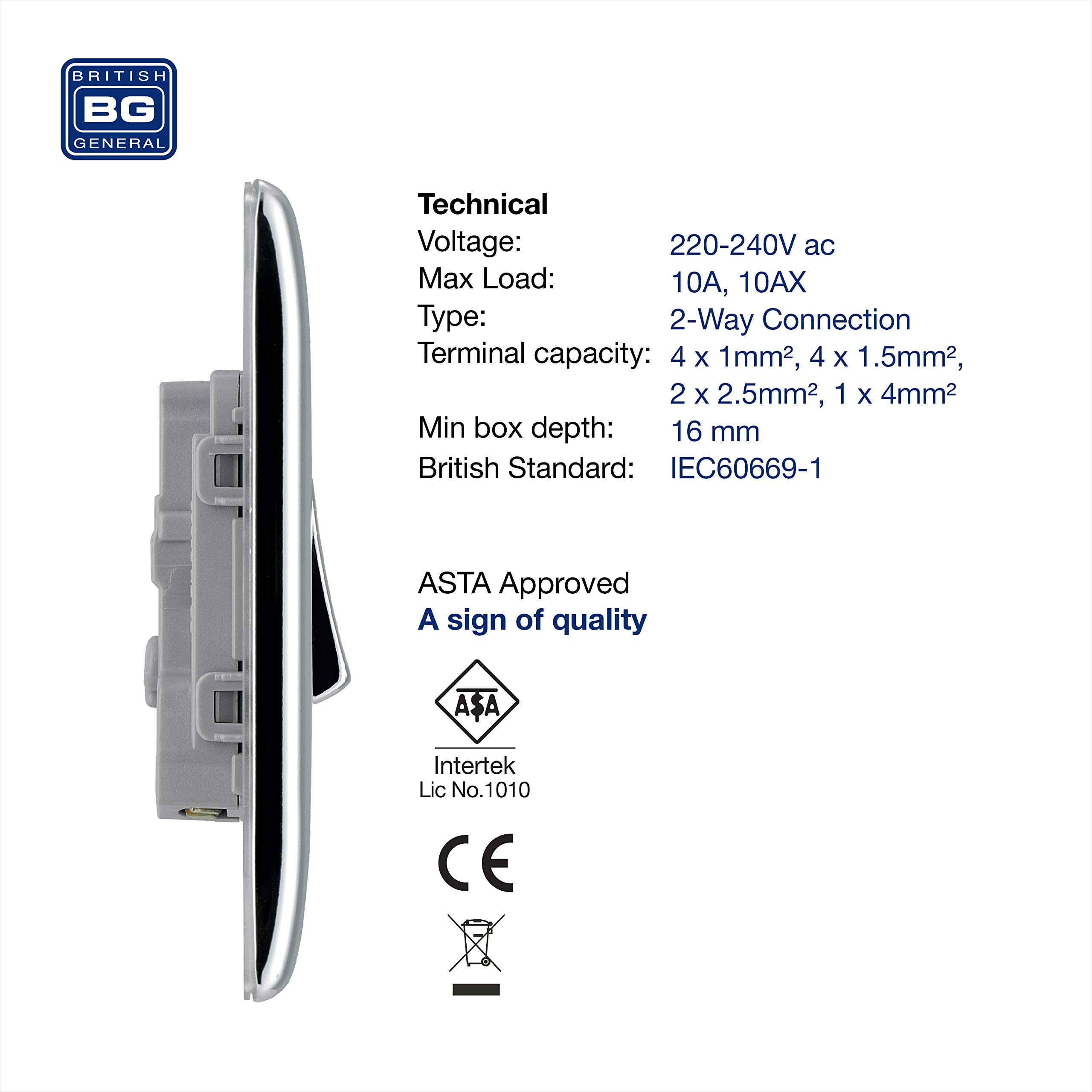 masterplug BG Electrical NPC12 Nexus Metal Polished Chrome 1 Gang 2 Way 10 A Plate Switch