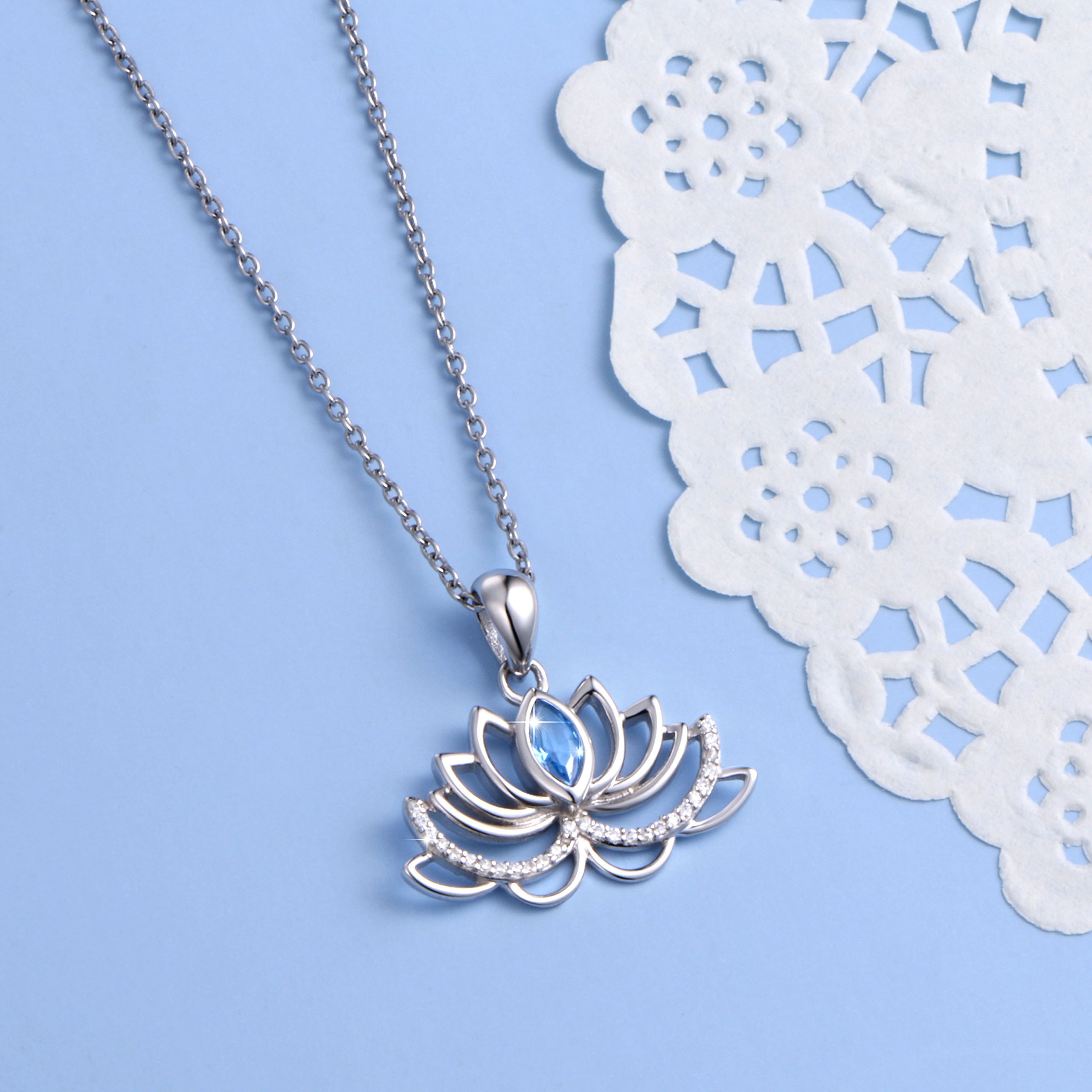 Ladytree 925 Sterling Silver Blue Lotus Necklace Cubic Zirconia Flower Pendant for Women,18"