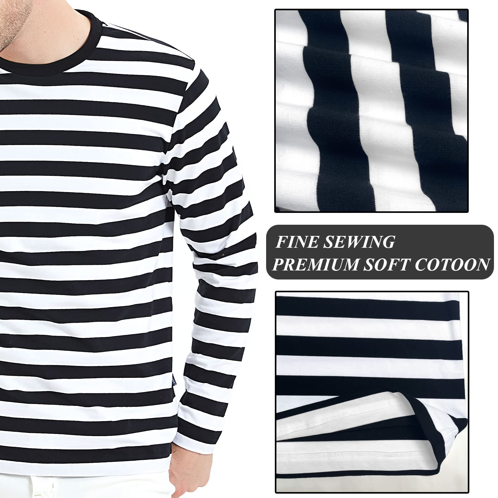 LEDING Mens Shirt Black White Casual Cotton Spandex Striped Crewneck Long-Sleeve T-Shirts Basic Pullover Striped Men