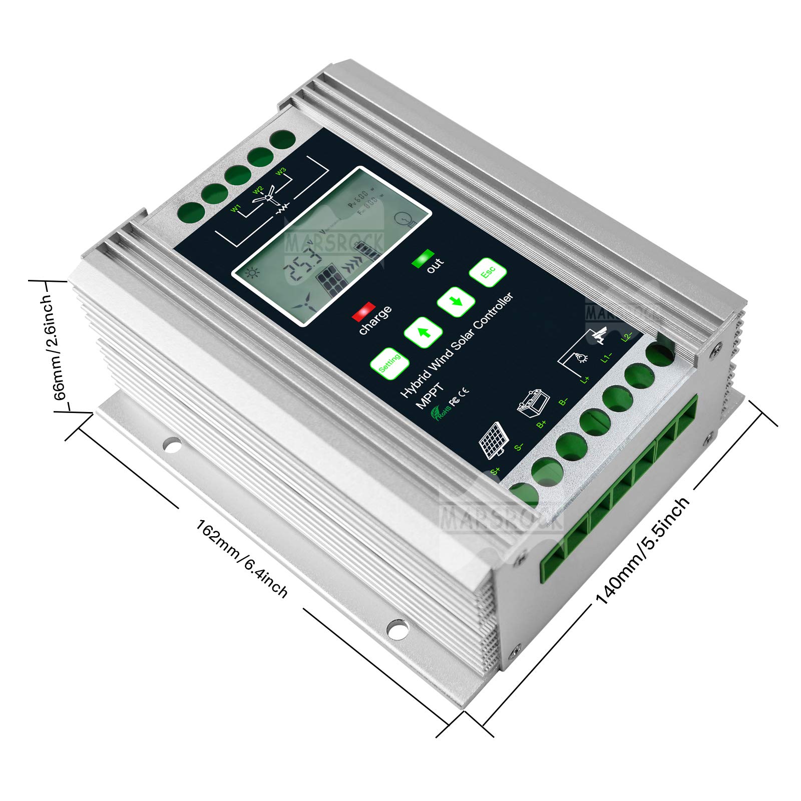 Marsrock 1400W 12V/24V Auto MPPT Wind Solar Hybrid Charge Controller Support Gel and Lead-Acid Battery for Home Wind Turbine Generator and Solar Panel System