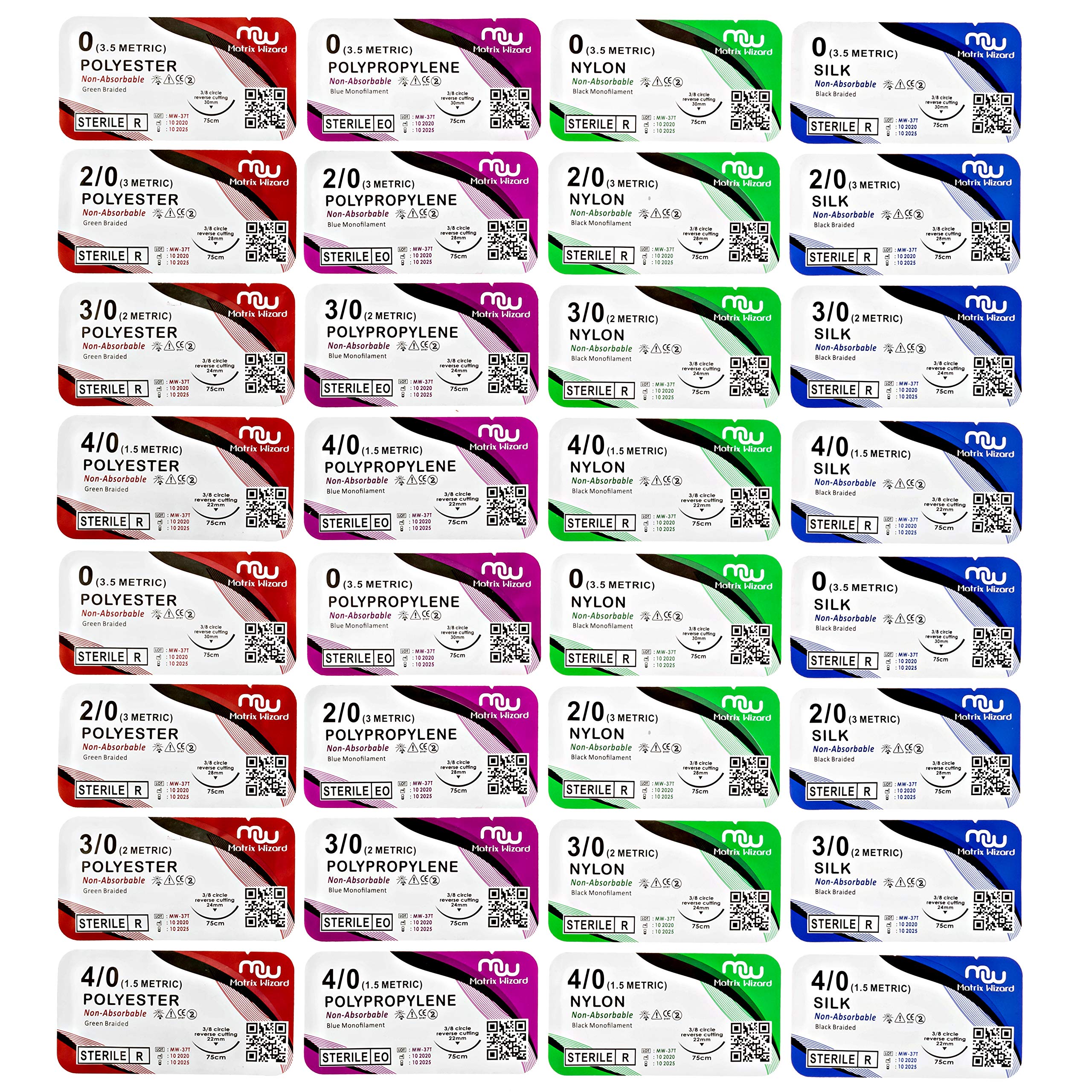 Mixed Sterile Sutures Thread with Needle 32PK (0, 2-0, 3-0, 4-0) Non-Absorbable - Surgical Emergency Practice, Medical, Nursing, EMT, PA, Dental, Veterinary Student's Hospital Training Kit, Taxidermy