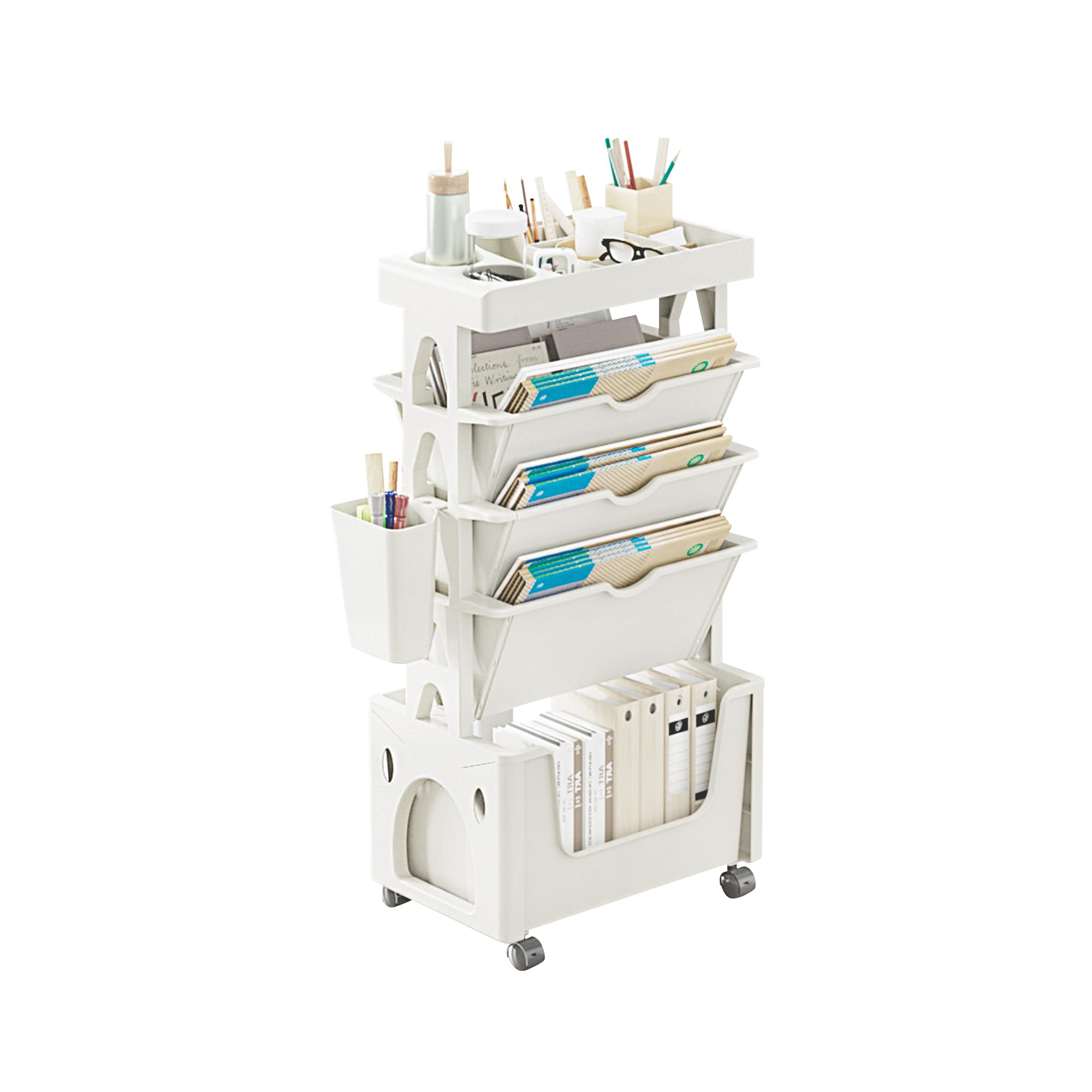 YAYLAIP 5-Tier Rolling Book Cart, Mobile Bookshelf with Wheels, Movable Bookshelf, Homeschool Supplies Storage and Organizer, Kids Bookshelf Carts for Home School Classroom Living Room, White