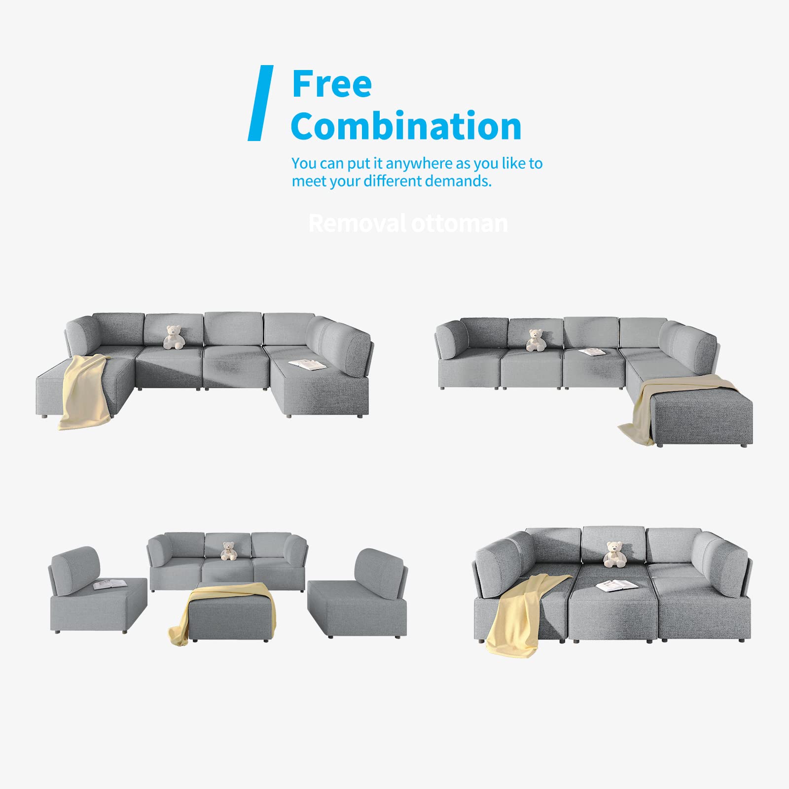 Mjkone Sleeper Sectional Sofa Bed Convertible U Shaped Sofa with Ottoman Linen Fabric L Shaped Couch Variable Modular Sectional Sofa Couches for Living Room Apartment Small Space, Light Grey
