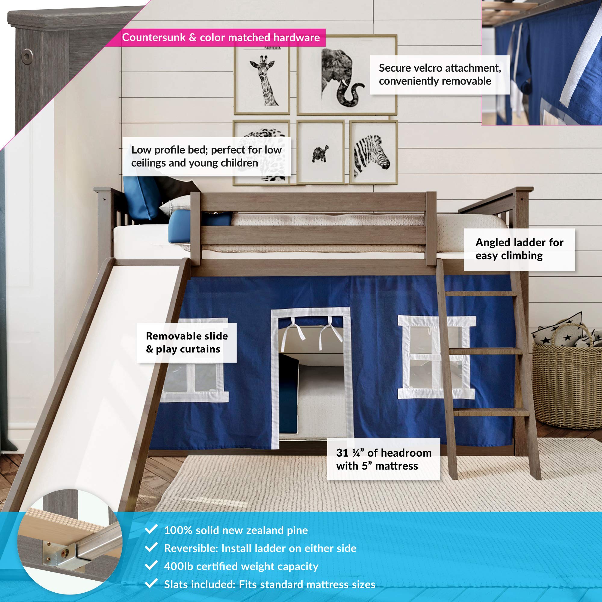 Max & Lily Low Bunk Bed, Twin-Over-Twin Bed Frame For Kids With Slide and Curtains For Bottom, Clay/Blue