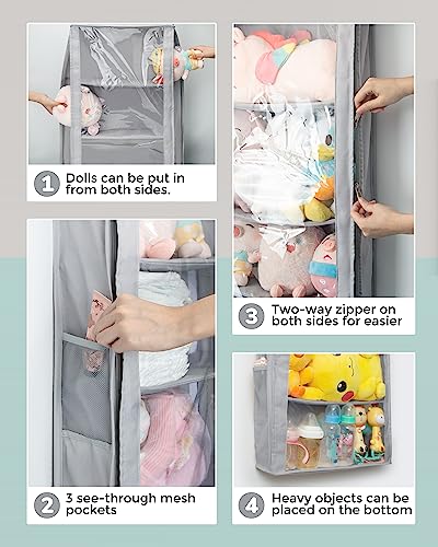Over the Door Stuffed Animal Storage, Yarn Organizer with Zipper, 4 Adjustable Partitions Hanging Storage Dustproof Design for Nursery, Bedroom, Bathroom, Kids Room (One Only)