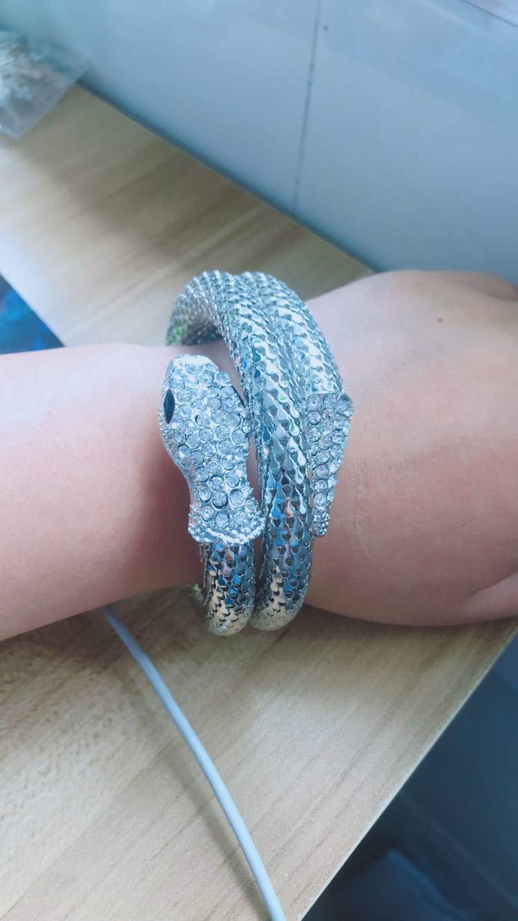Mandy Xia Punk Rhinestone Curved Stretch Snake Animal Cuff Bangle Bracelet for Women Ladies Wristband Jewelry (Silver)