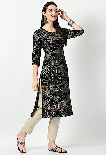 Lagi Women Round Neck 3/4 Sleeves Gold Foil Print Rayon Kurti, Grey (XL)