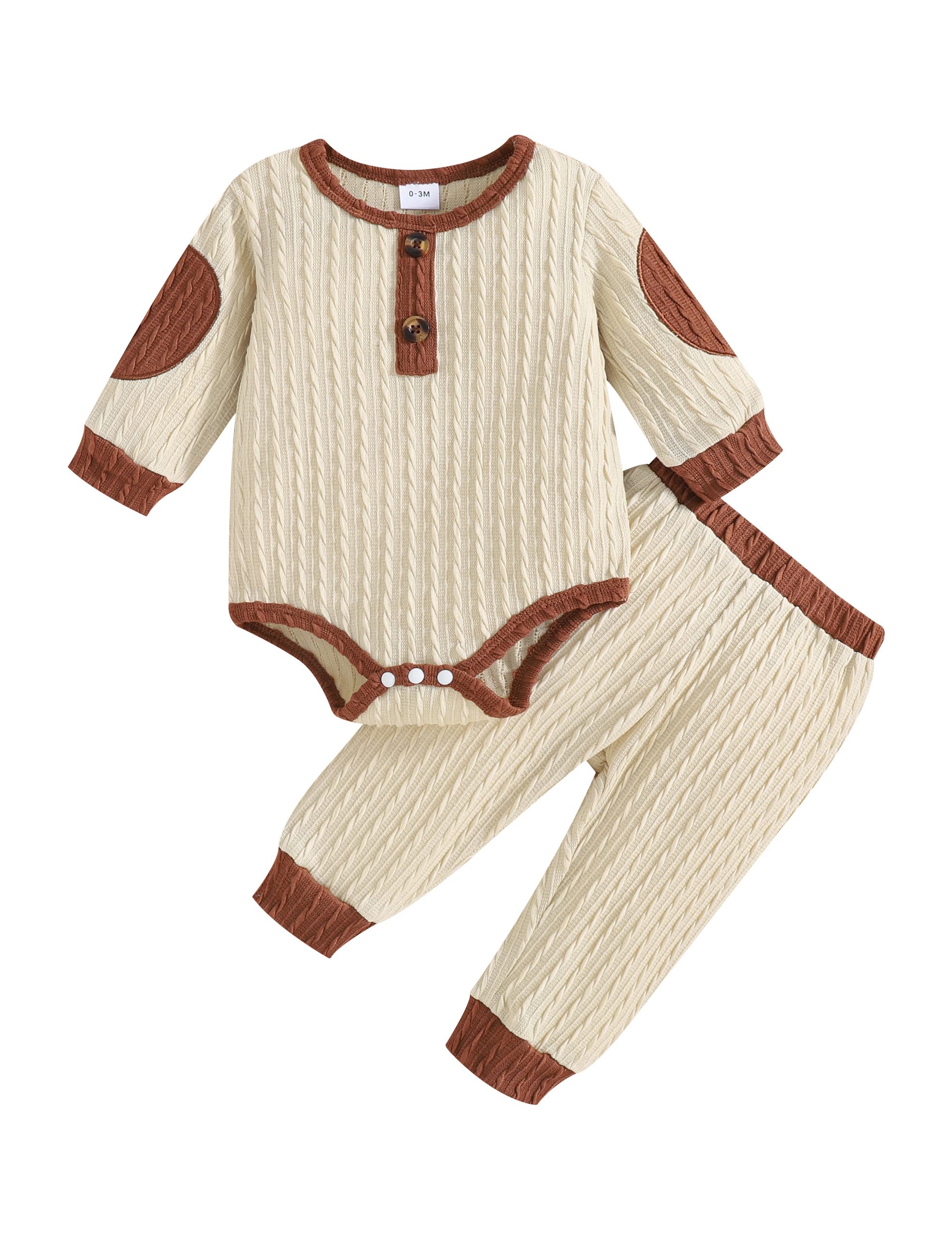 ZMBKDKHJK Newborn Baby Boy Clothes Long Sleeve Bodysuit Romper Solid Pants Infant Fall Winter Outfits (Apricot, 3-6 Months)