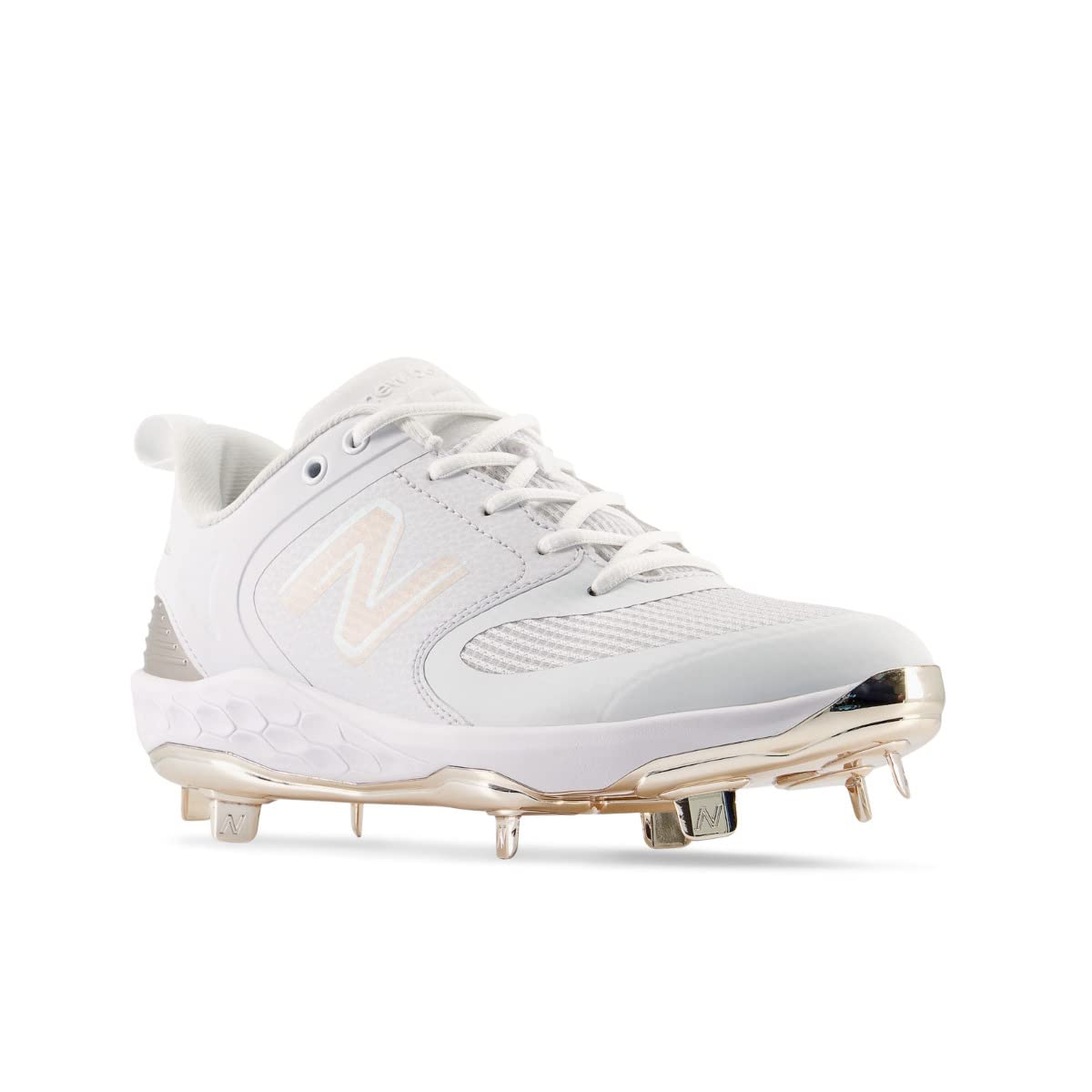New Balance Women's Fresh Foam Velo V3 Softball Shoe, White/Champagne Metallic, 8