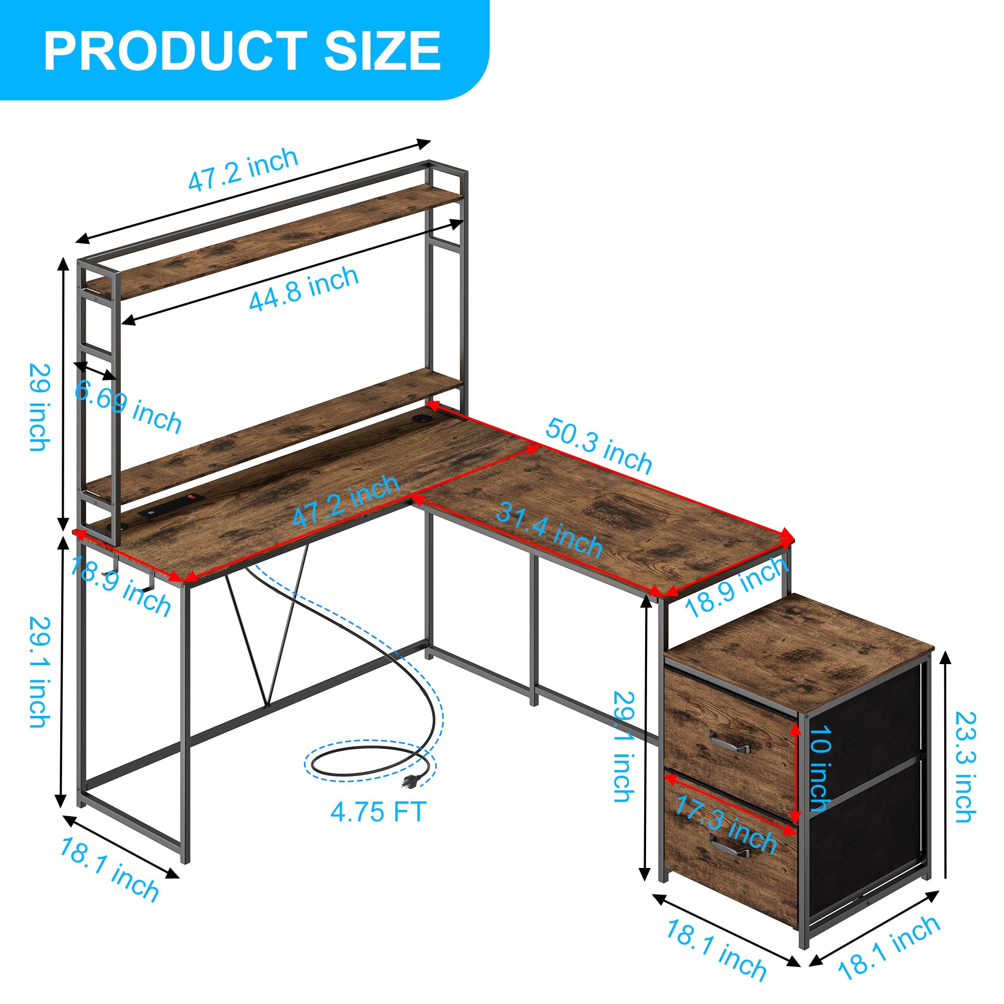 L Shaped Desk with File Drawers & Storage Shelves, 67" Gaming Desk with Power Outlets & LED Lights - Reversible Corner Computer Desk for Home Office with Monitor Shelf, Printer Shelf, Rustic Brown
