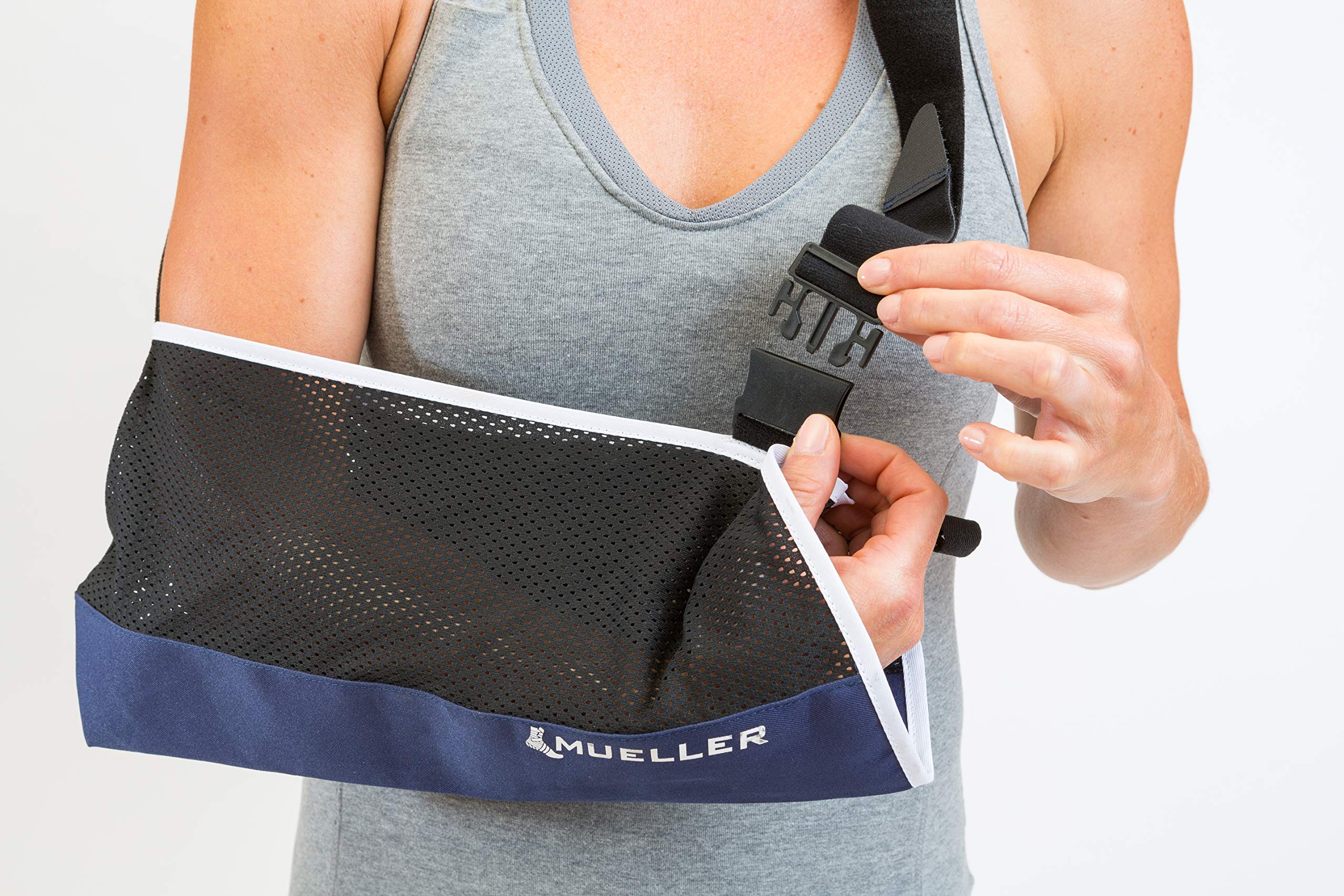 MUELLER Sports Medicine Adjustable Arm Sling - Comfortable Support for Left or Right Shoulder and Arm Injury, For Men and Women, Blue w/ Black Mesh, One Size Fits Most