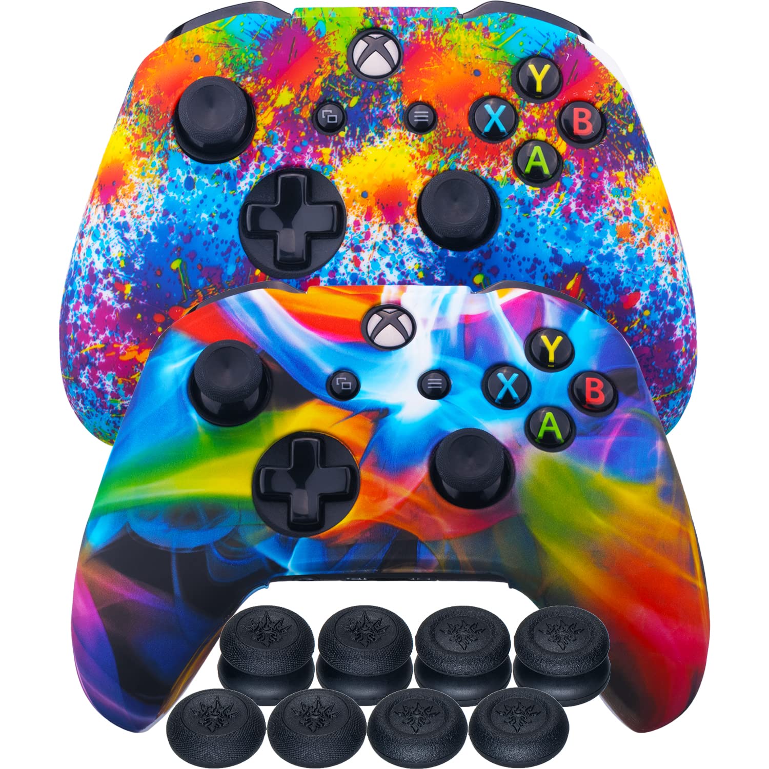 MXRC Silicone Rubber Cover Skin Case Anti-Slip Water Transfer Customize Camouflage for Xbox One/S/X Controller x 2(Rainbow Pack) + FPS PRO Extra Height Thumb Grips x 8